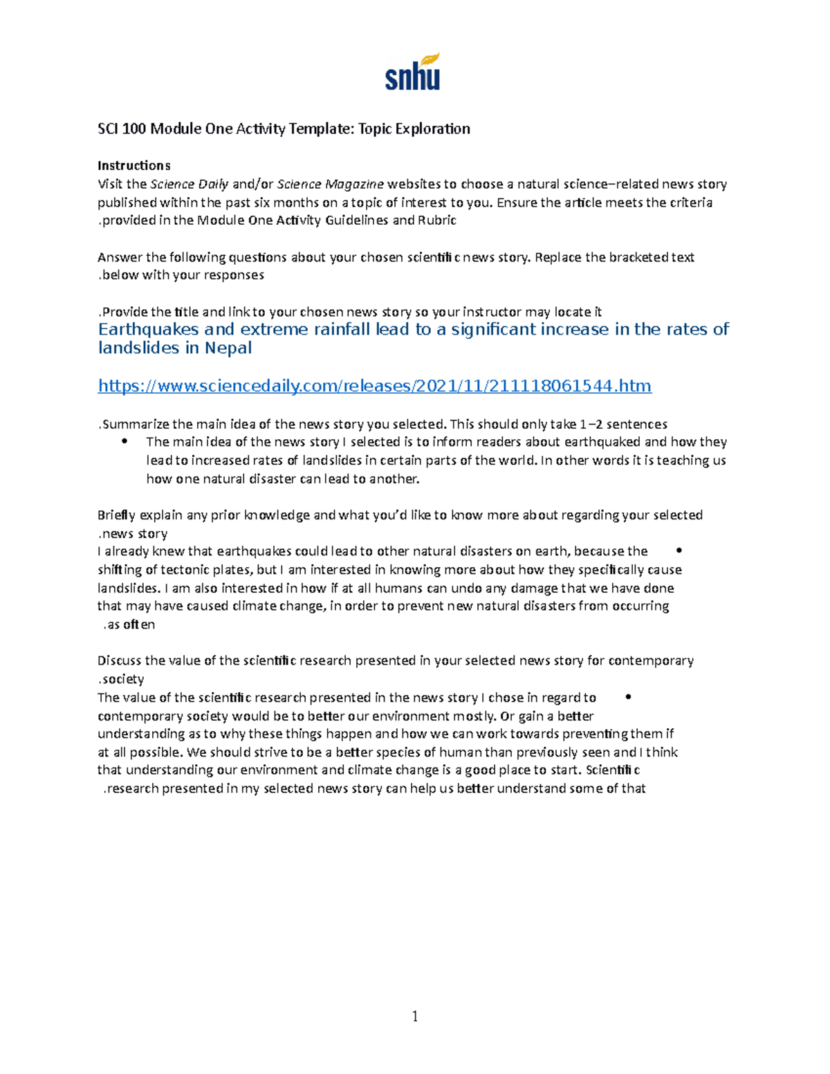SCI 100 Module One Activity Template - Ensure the article meets the ...