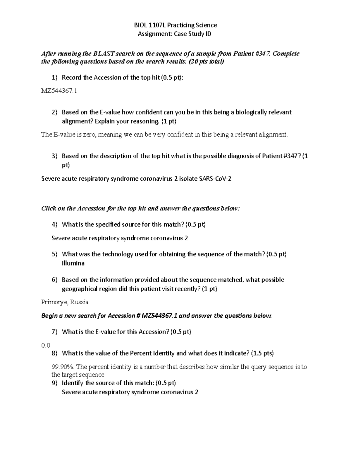 BIOL 1107L Molecular Applications - Bioinformatics Post Lab - BIOL ...