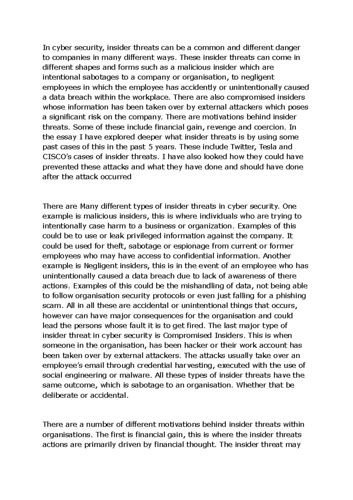 Cyber Security Essay Insider Threats - In cyber security, insider ...