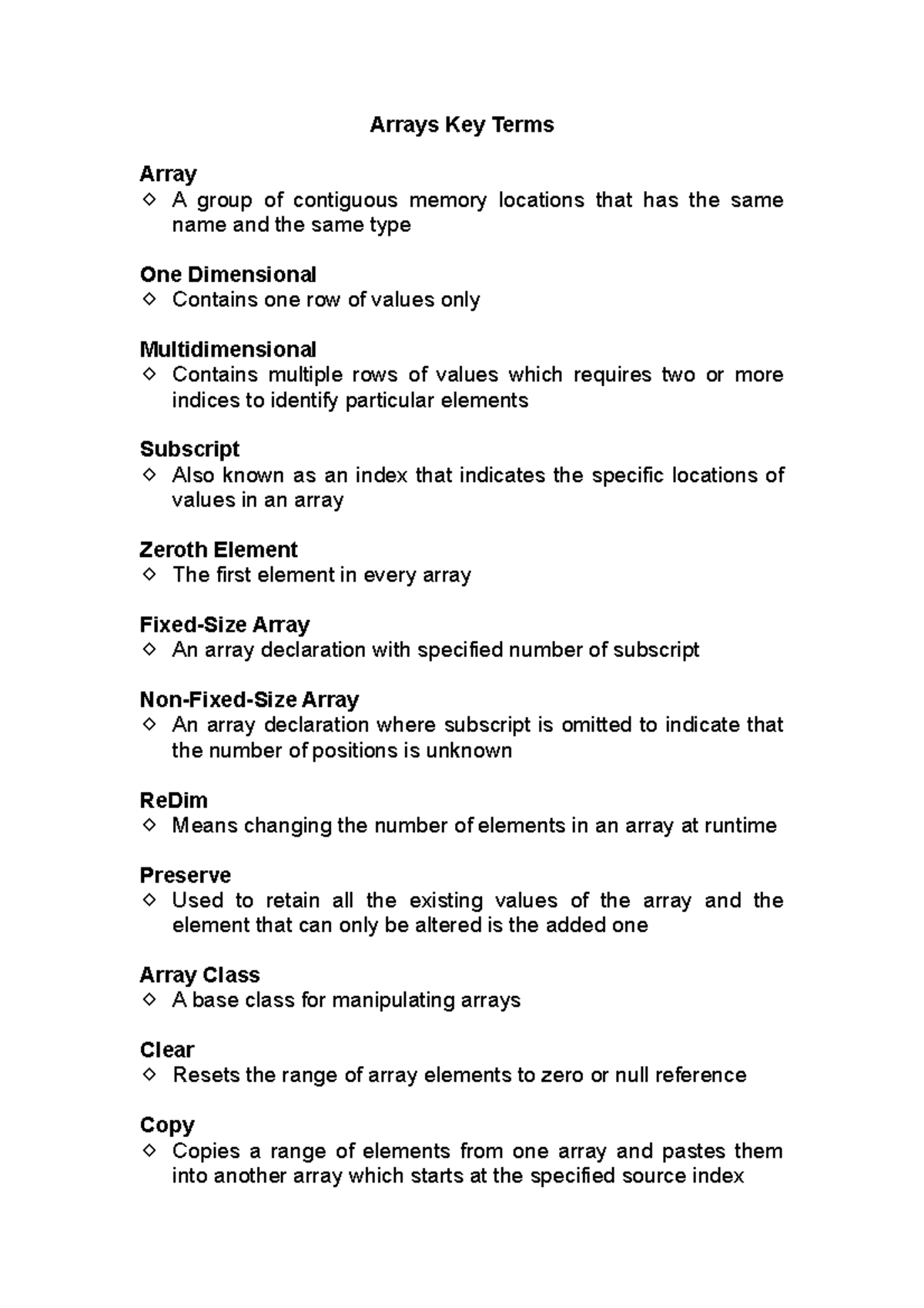 Arrays Terminologies - This document contains concepts/terms about the ...