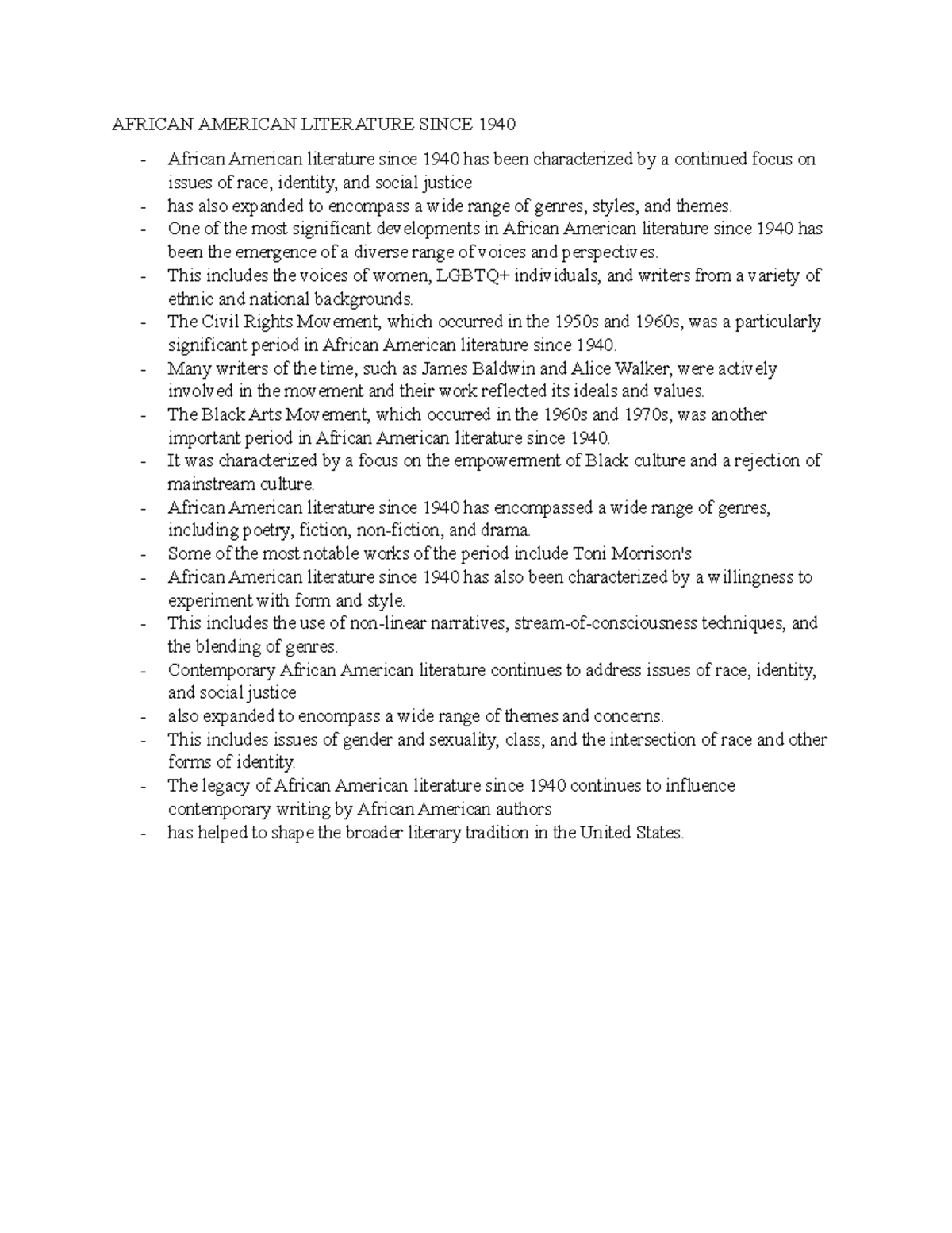 African American Literature Since 1940 Notes 1 - AFRICAN AMERICAN ...