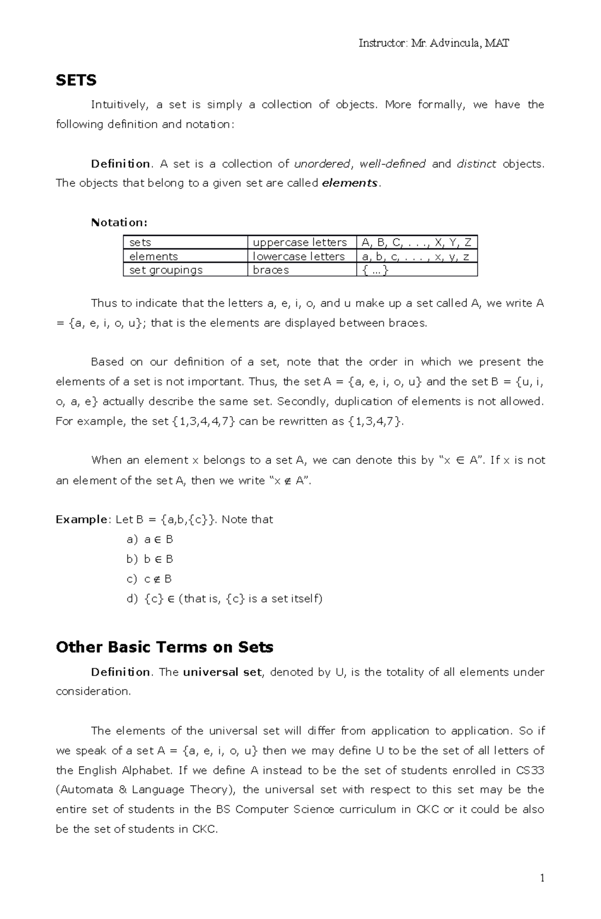 Lecture (Automata) - For instructional purposes - SETS Intuitively, a ...