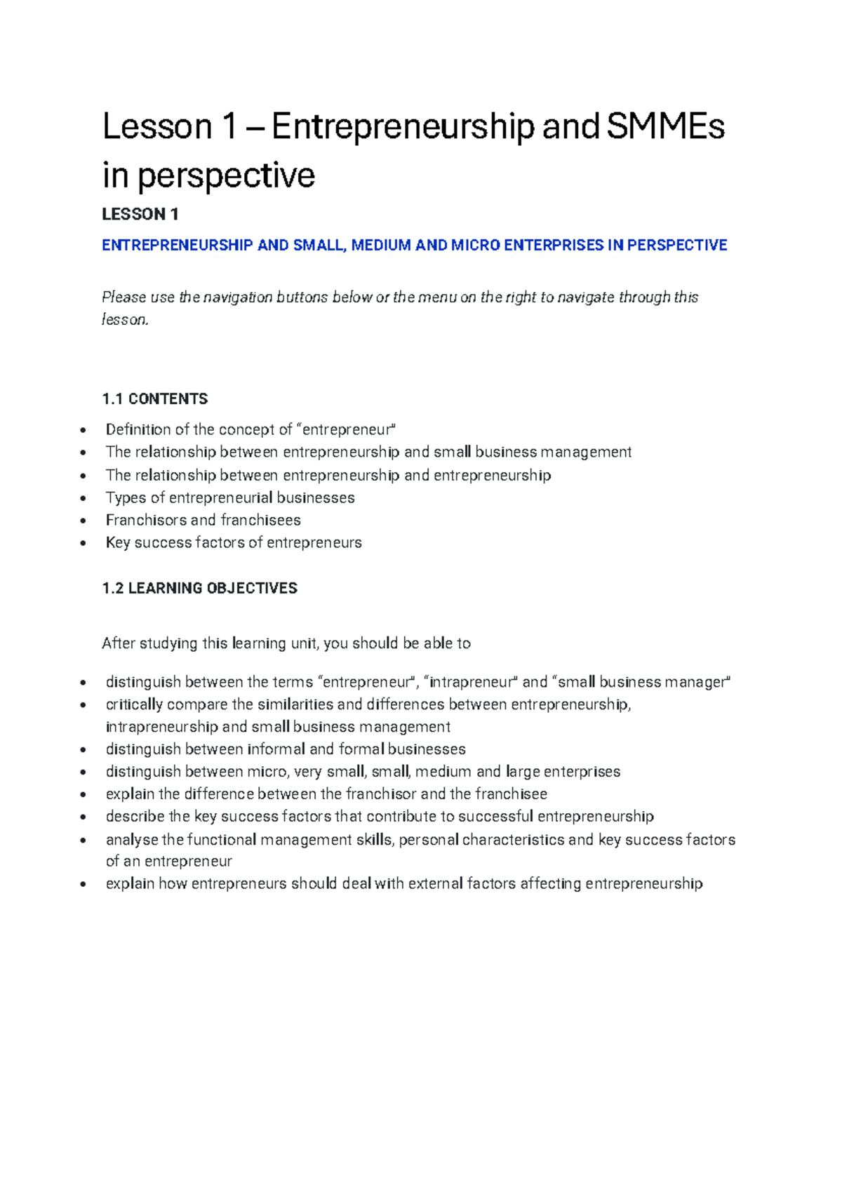 BSM1501 lesson 1 - 6 - Lesson 1 – Entrepreneurship and SMMEs in perspective LESSON 1 - Studocu