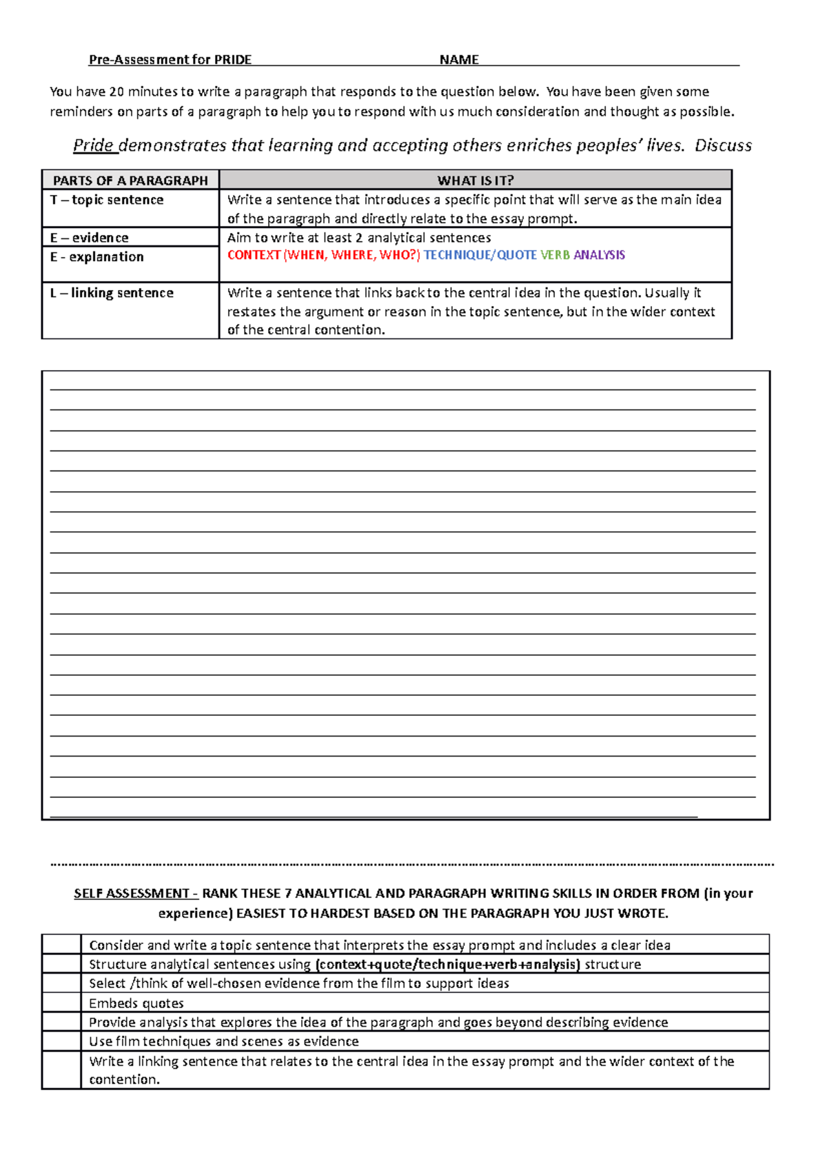 Pre- Assessment Pride - TEEL paragraph - Pre-Assessment for PRIDE NAME ...