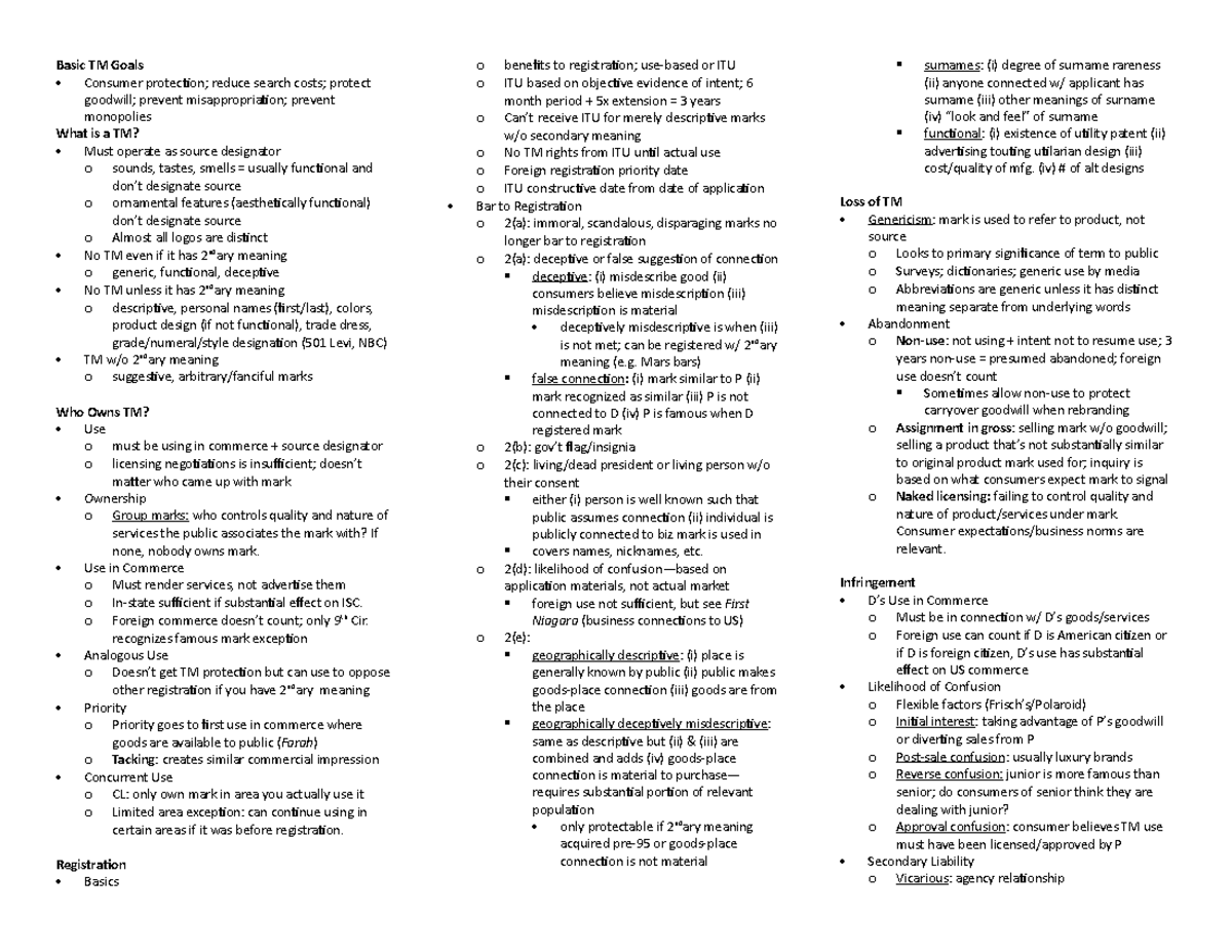 TM Attack Outline - Summary Trademarks and Unfair Competition - Basic ...