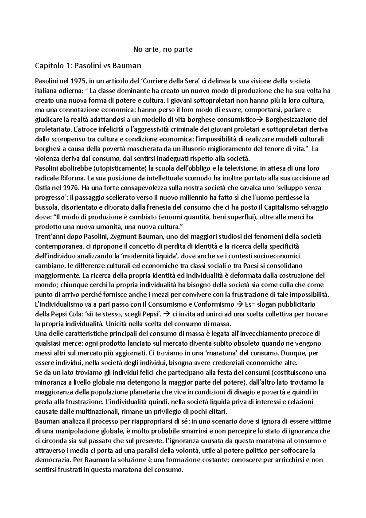No arte, no parte - Riassunto - No arte, no parte Capitolo 1: Pasolini ...