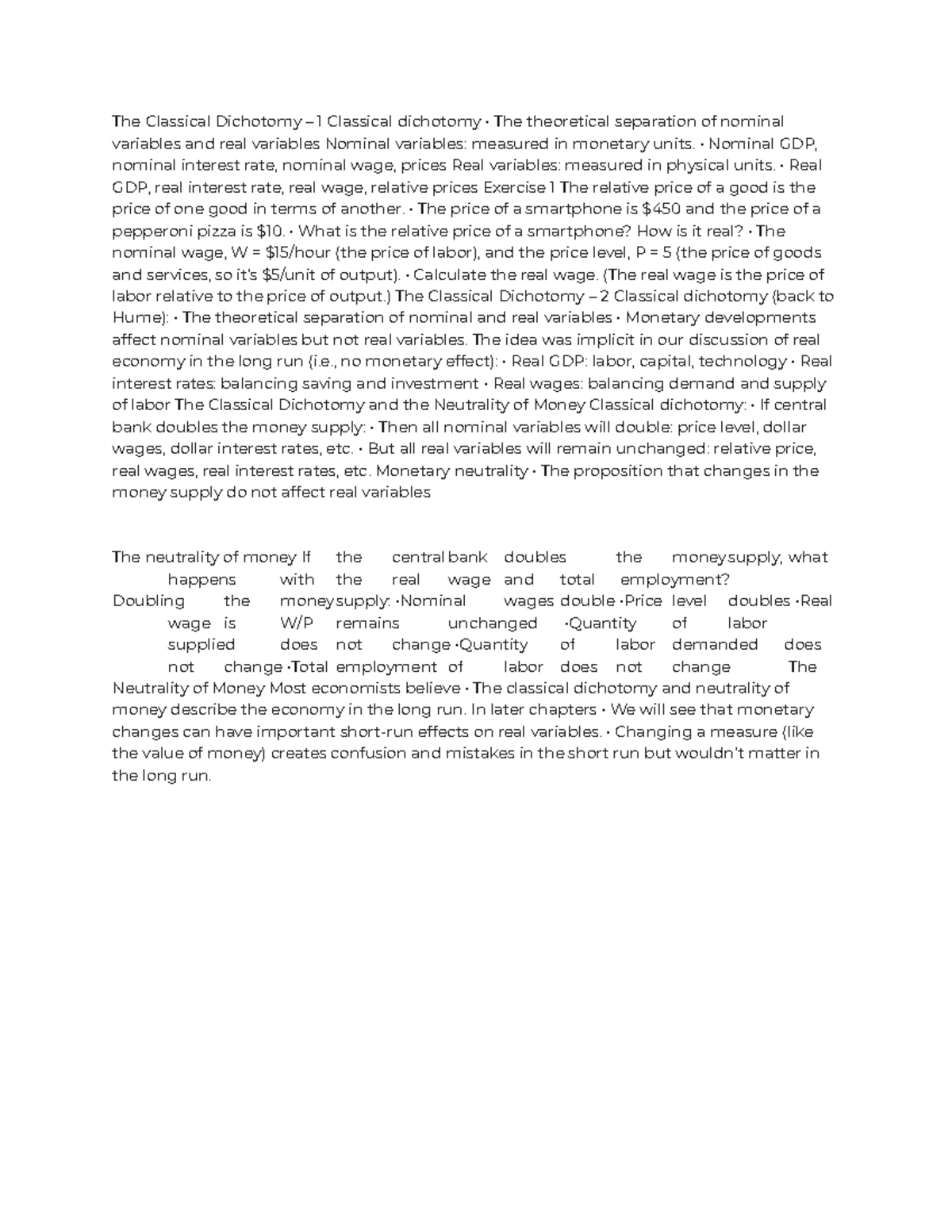 Econ 20a - chatper 17 section 2 - The Classical Dichotomy – 1 Classical ...