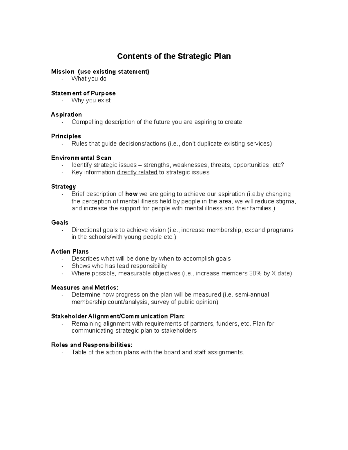 Outline of a strategic plan - Contents of the Strategic Plan Mission ...