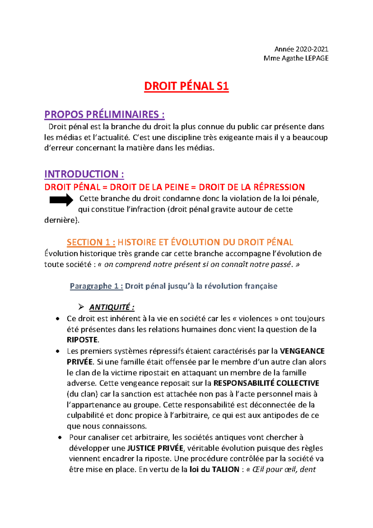 Cours de droit pénal - Année 2020- 2021 Mme Agathe LEPAGE DROIT PÉNAL S ...