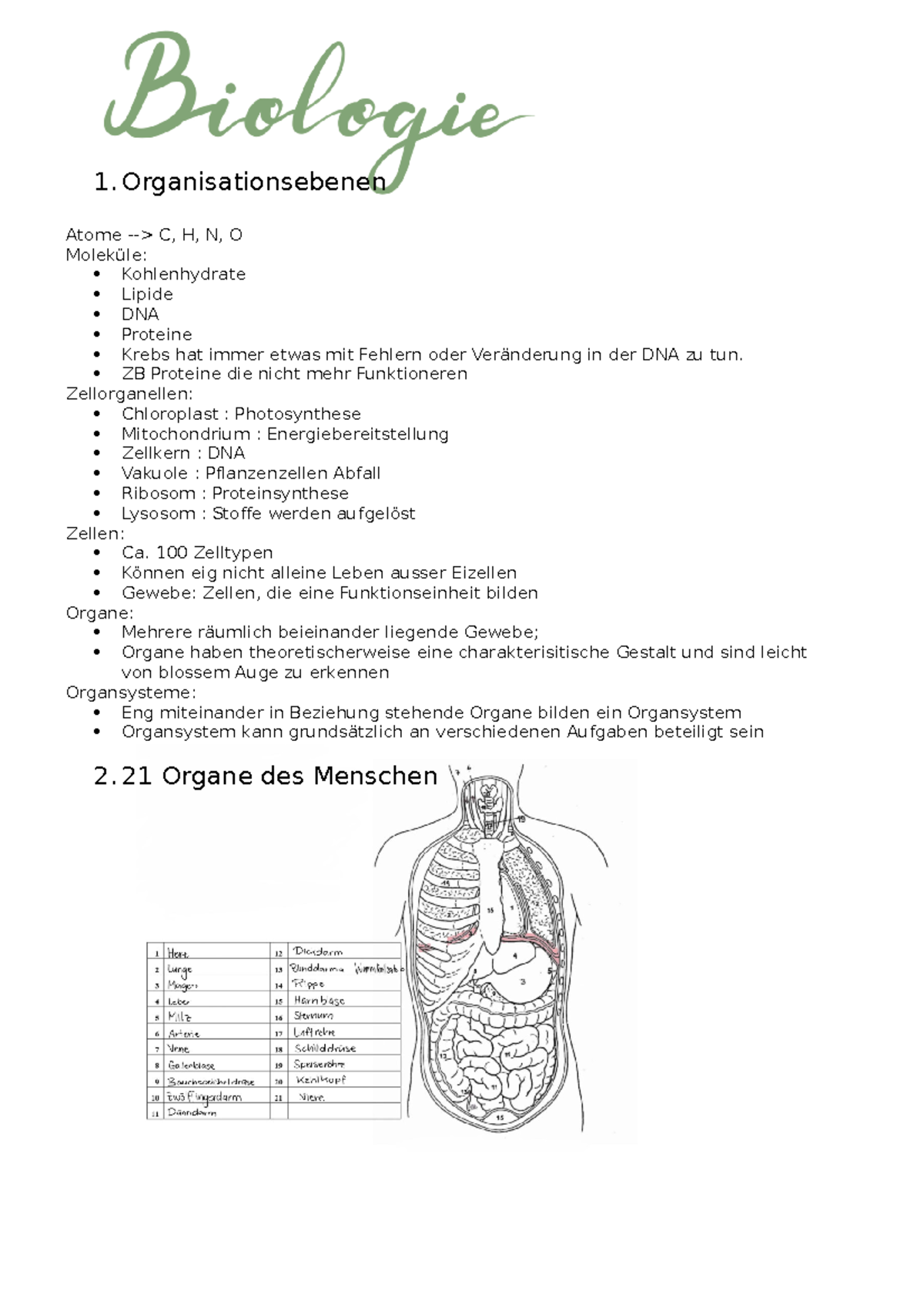Biologie SF Matura - 1. Organisationsebenen Atome -> C, H, N, O ...