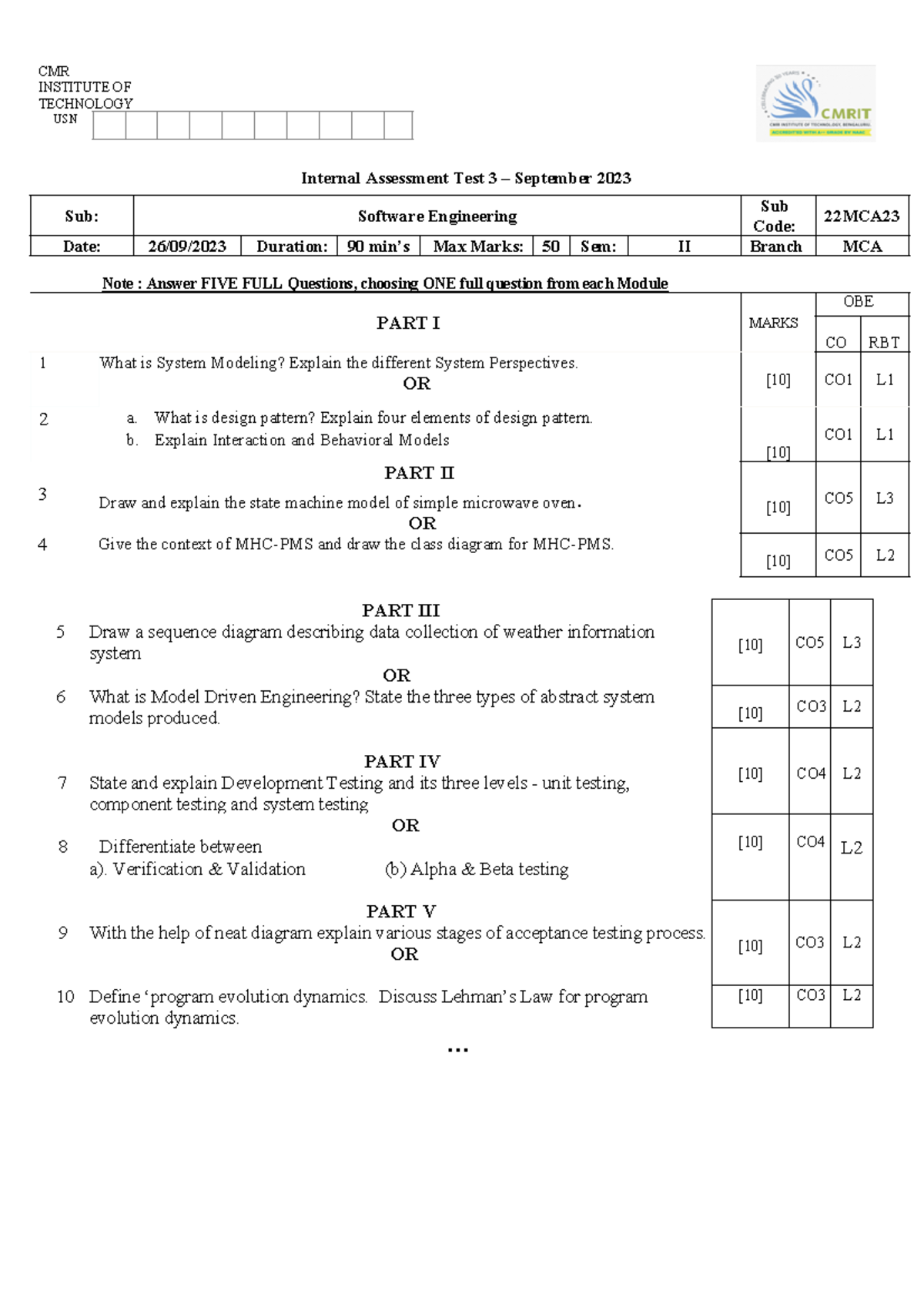 SE IAT 3 sol - CMR INSTITUTE OF TECHNOLOGY USN Internal Assessment Test ...