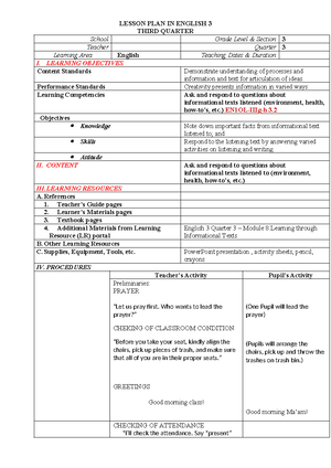 Lesson plan gel 1 - LESSON PLAN IN SCIENCE III (BASIC NEEDS OF LIVING ...