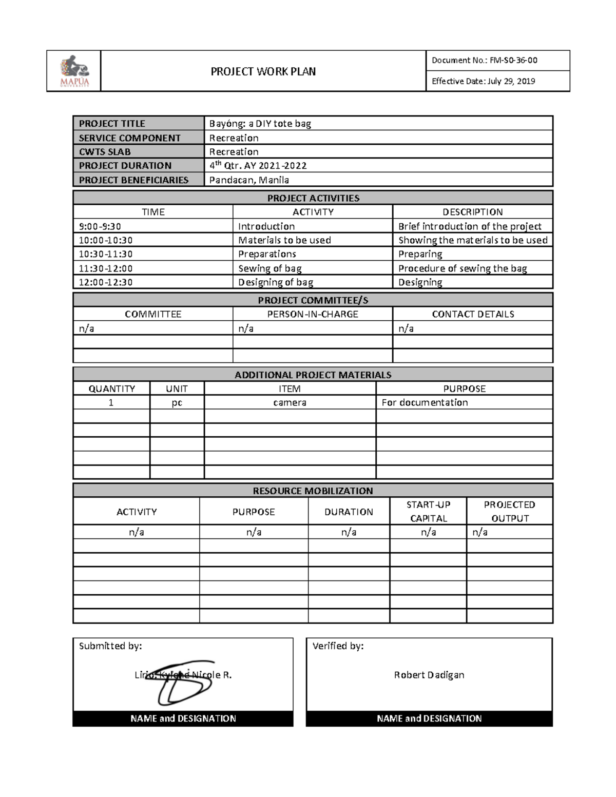 Lirio Project Work Plan - PROJECT WORK PLAN Document No.: FM-S0-36 ...