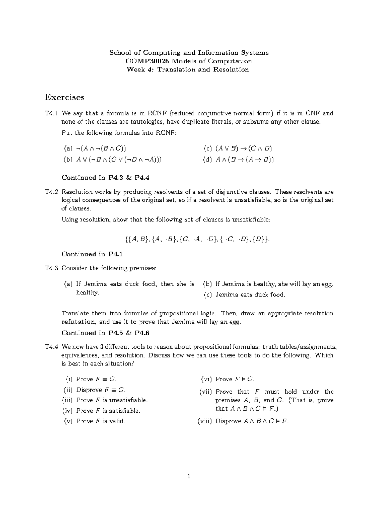 Tutorial 04 - tute questions - School of Computing and Information Systems COMP30026 Models of ...