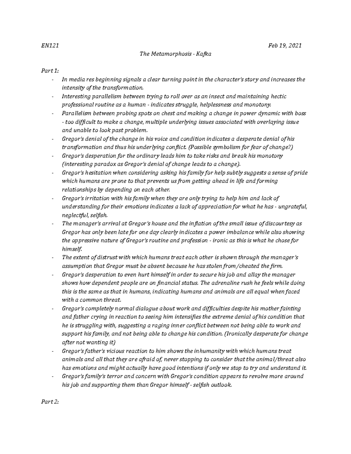 EN121 Metamorphosis Notes - EN121 Feb 19, 2021 The Metamorphosis ...