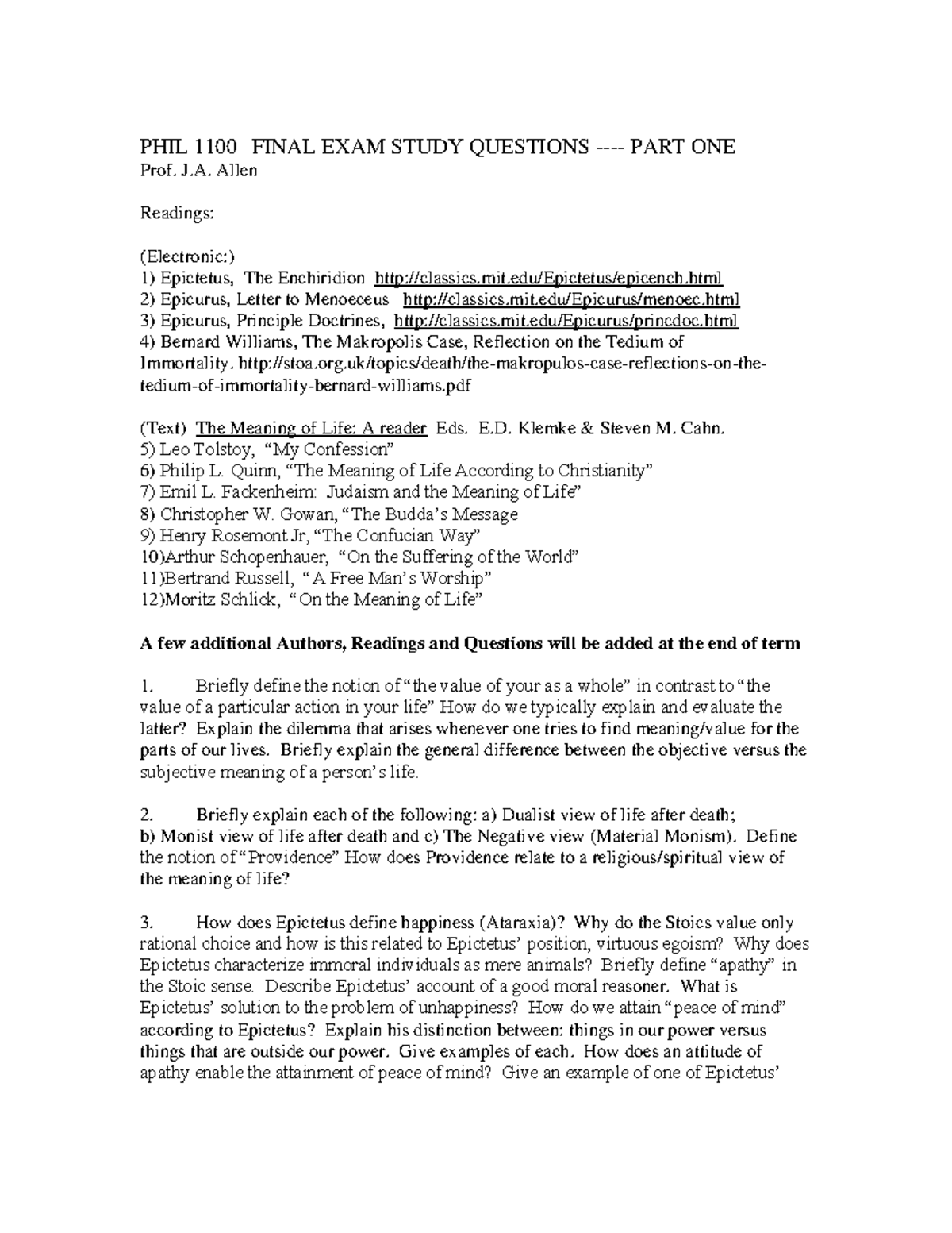 Exam practice questions - PHIL 1100 FINAL EXAM STUDY QUESTIONS - PART ...