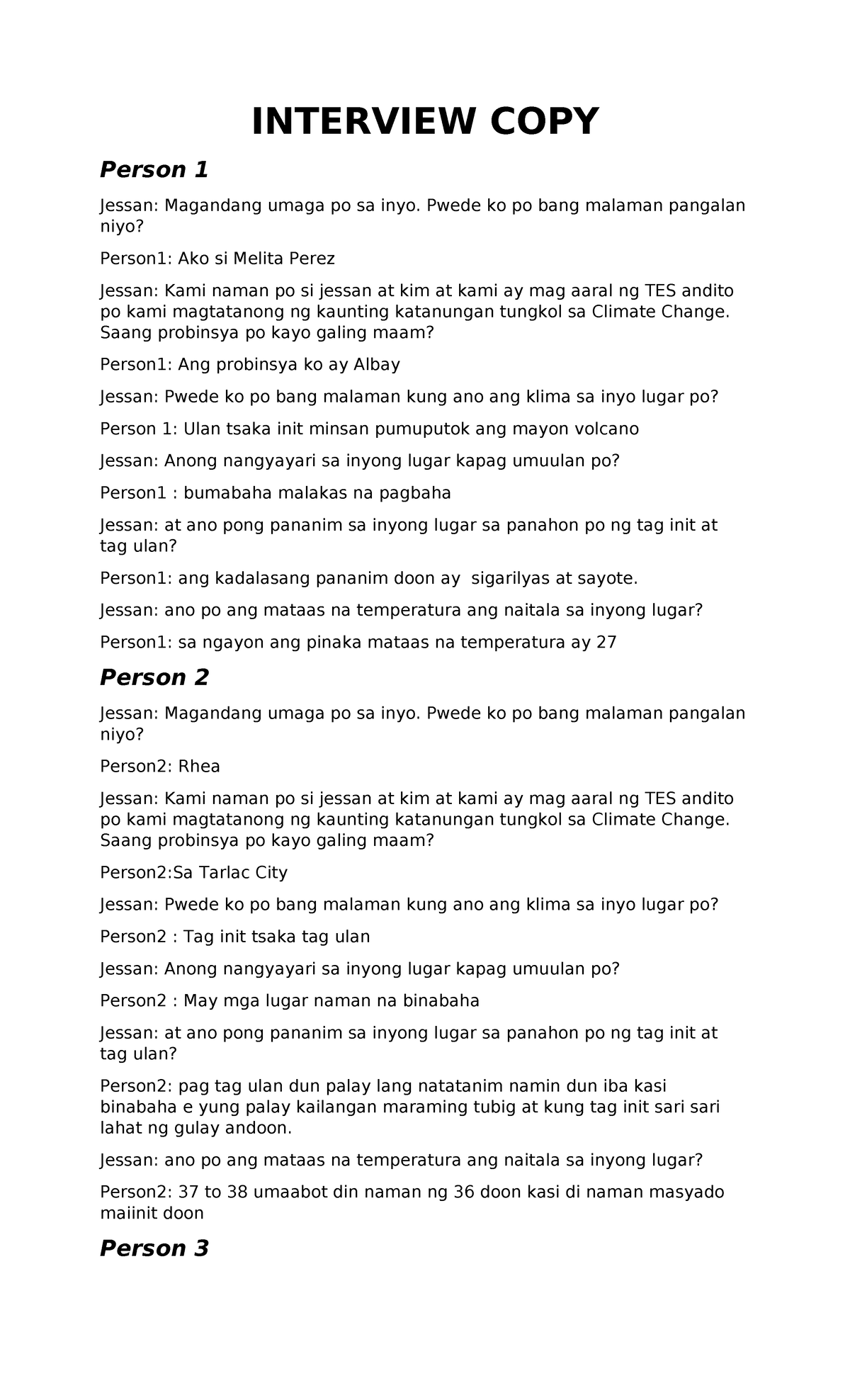 Document 1 - aadsd - INTERVIEW COPY Person 1 Jessan: Magandang umaga po ...