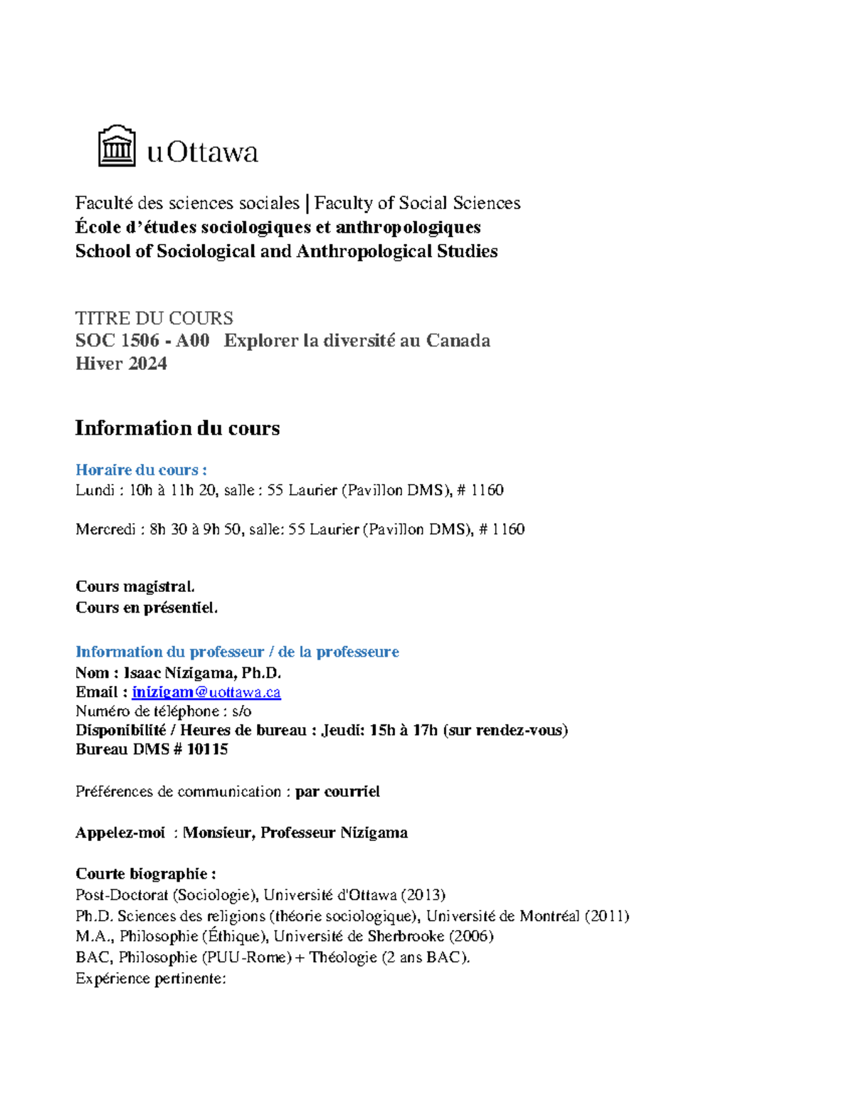 SOC1506A00 Plan de cours - Hiver 2024 (Isaac Nizigama) - Faculté des sciences sociales | Faculty ...