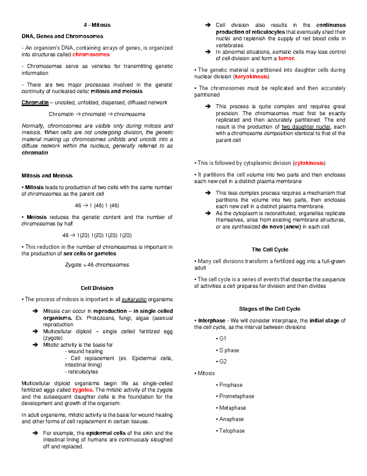 Cytogenetics - mitosis - 4 - Mitosis DNA, Genes and Chromosomes An ...