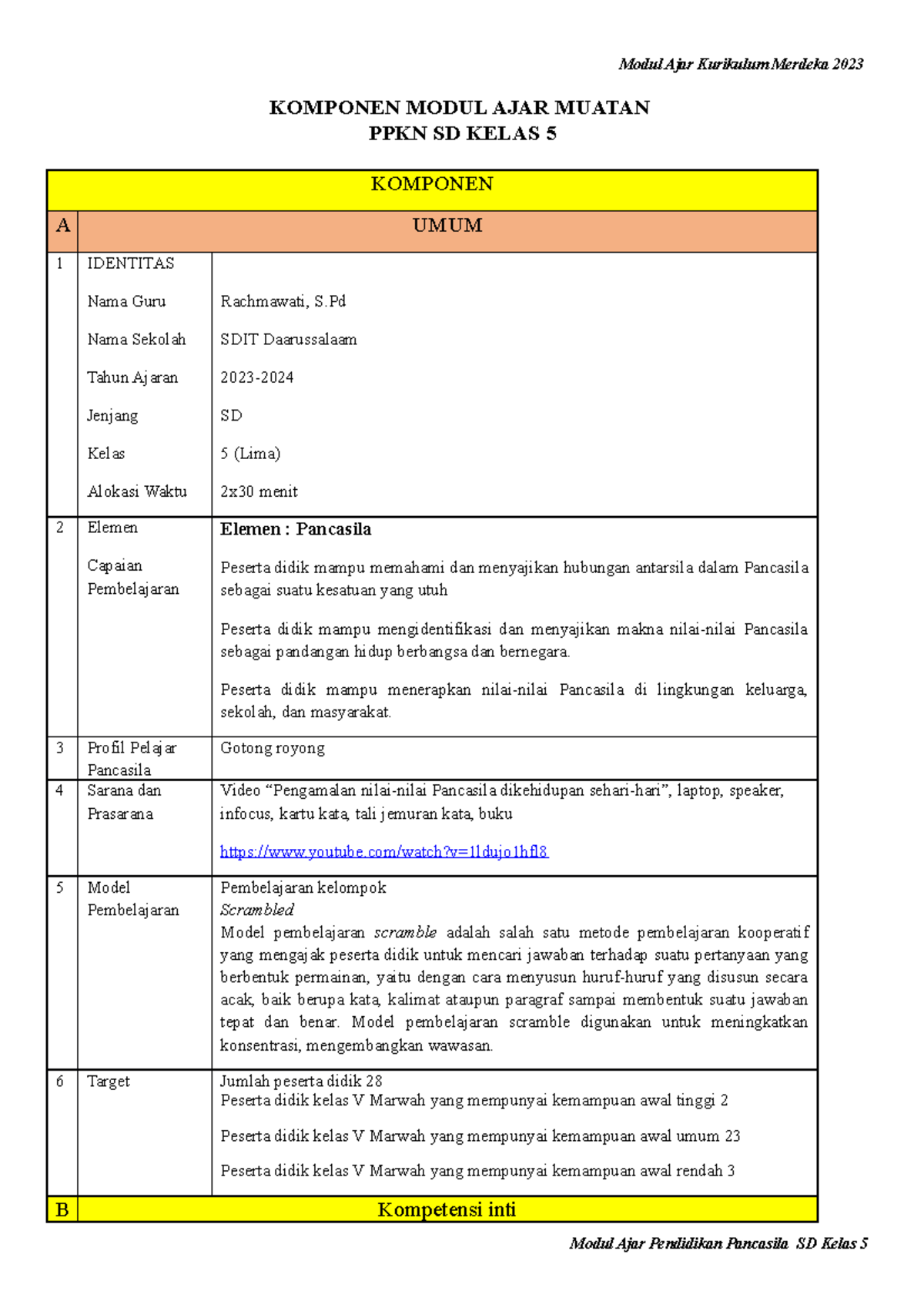 MA Bab 1 Pertemuan 1 - Modul Ajar PKN Kelas 5 - KOMPONEN MODUL AJAR MUATAN PPKN SD KELAS 5 ...