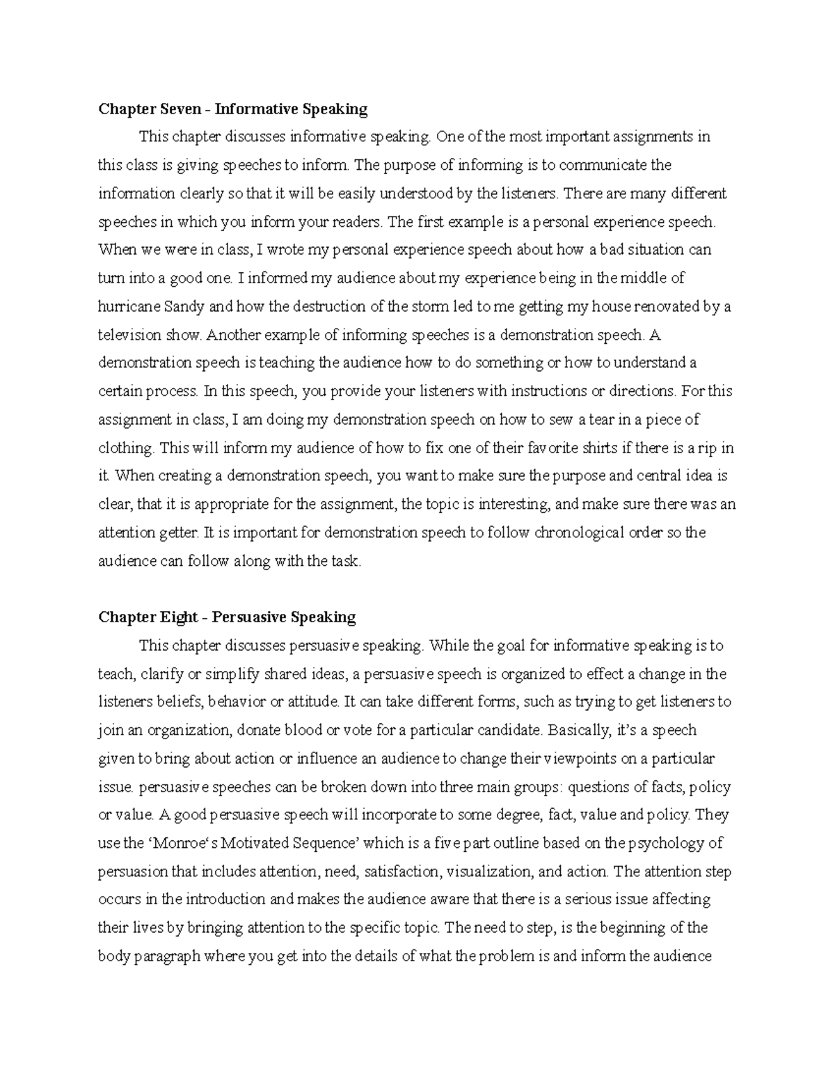 Journals Ch. 7-9 - Speech journal chapters 7-9 - Chapter Seven ...