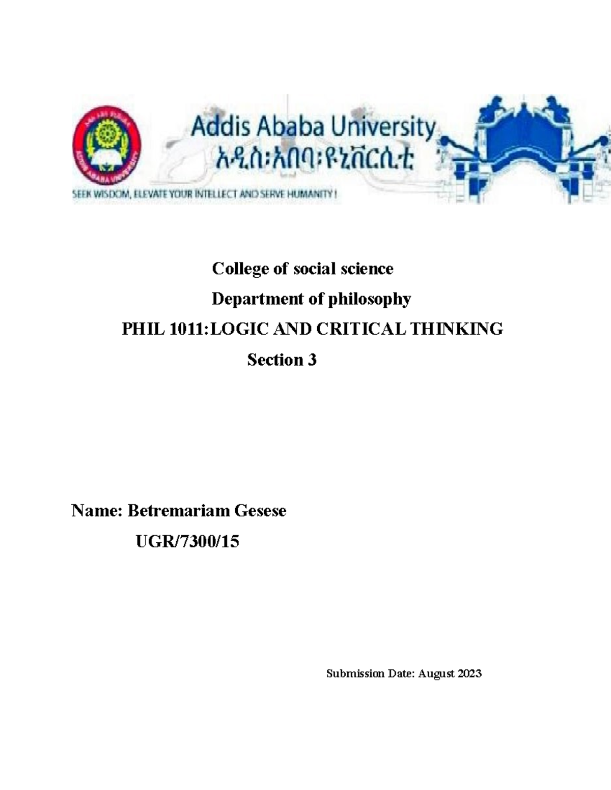 logic assignment - College of social science Department of philosophy ...