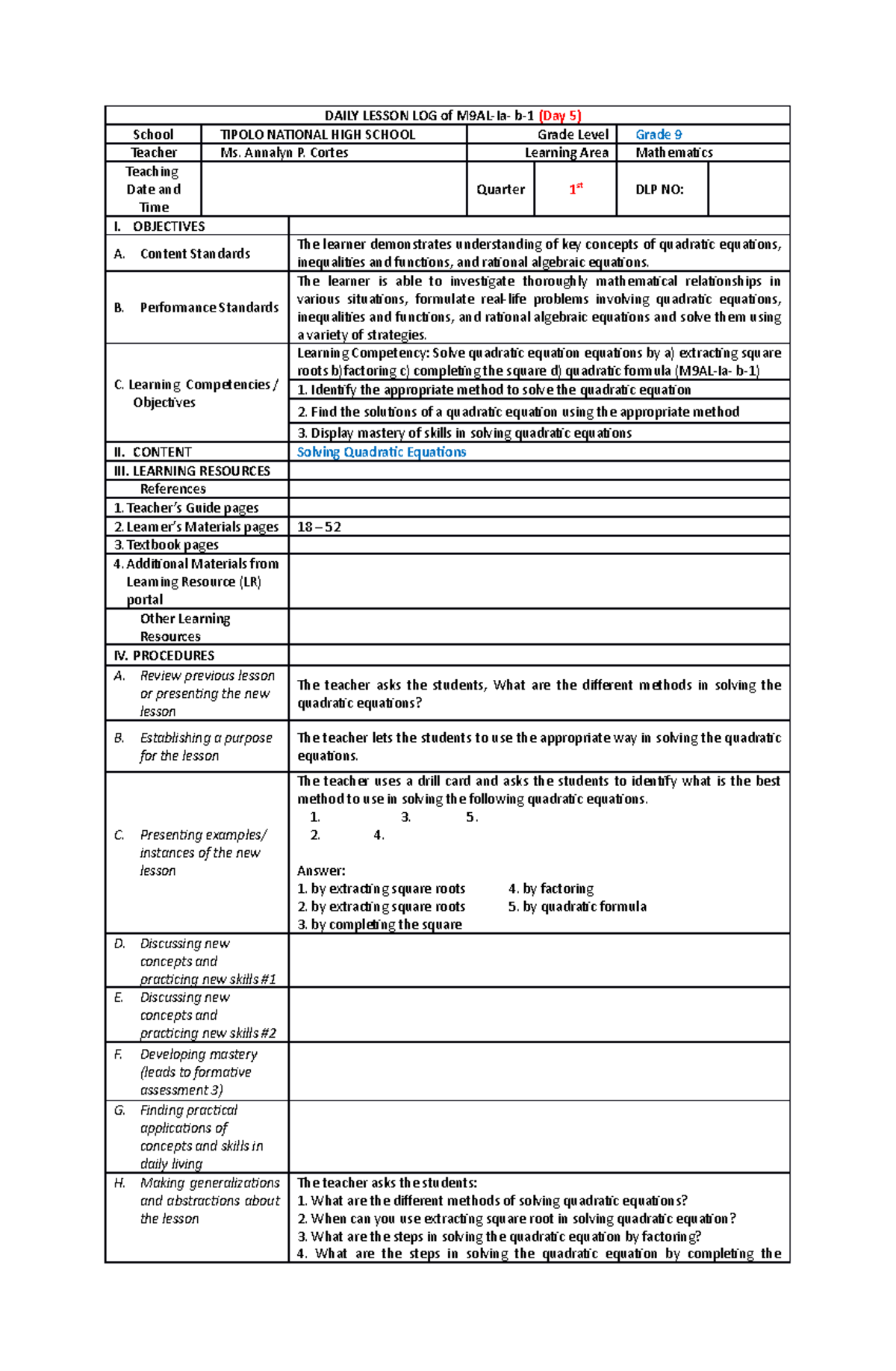 I-Day 6 g9 - Lesson Plan - DAILY LESSON LOG of M9AL-Ia- b-1 (Day 5 ...