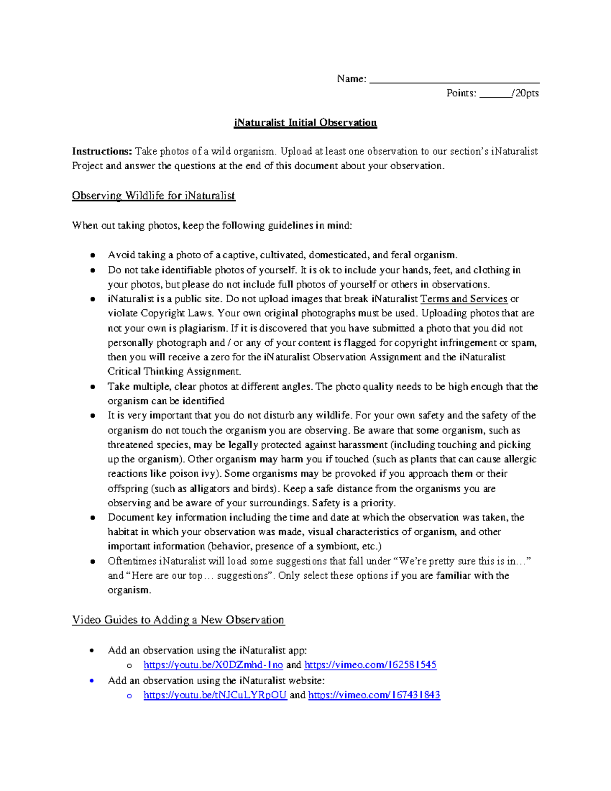 I Naturalist Initial Observation 20 points (fall 2021) - Name