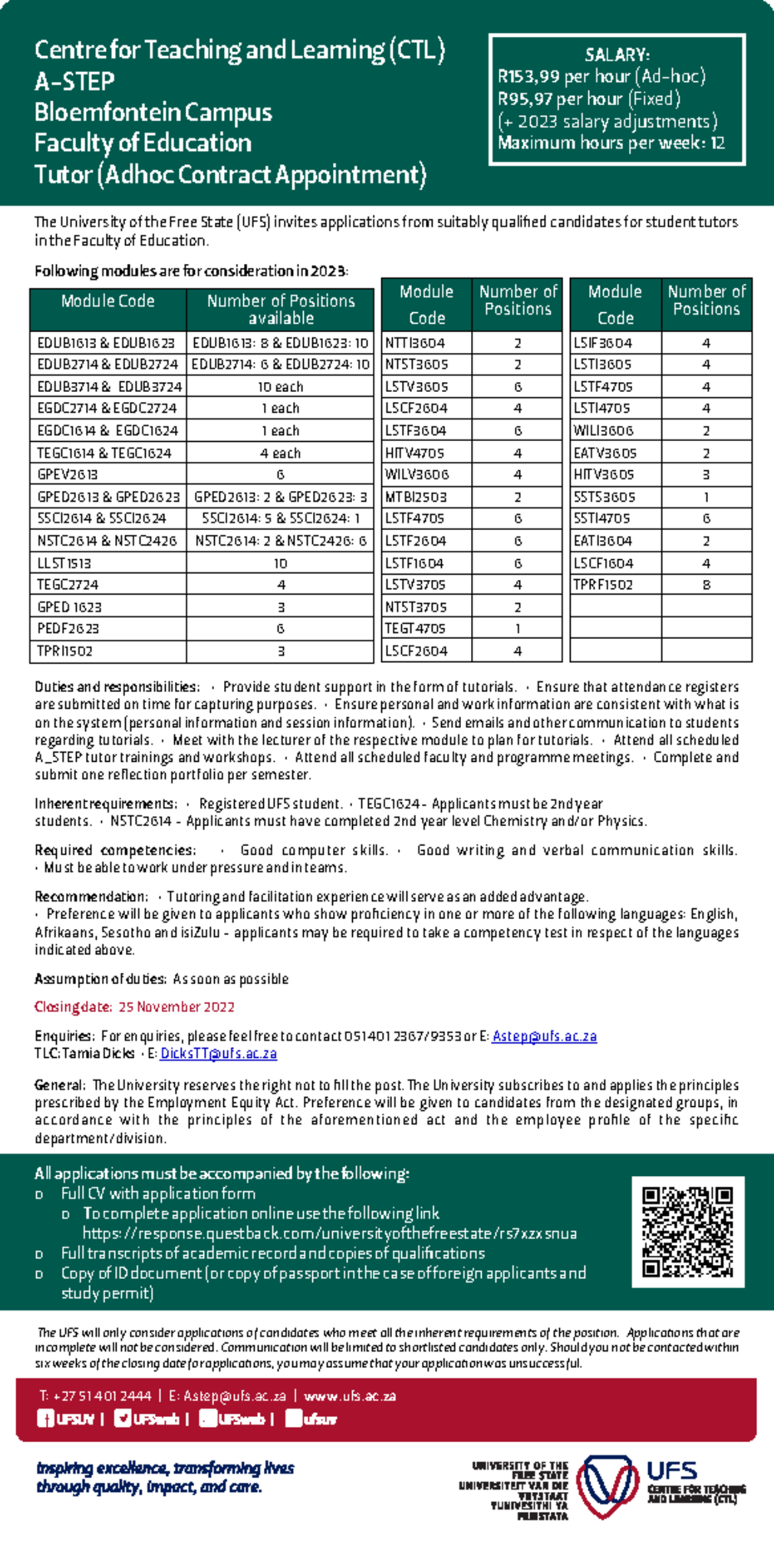 Tutor-Advert-Education - T: +27 51 401 2444 | E: Astep@ufs.ac | ufs.ac ...