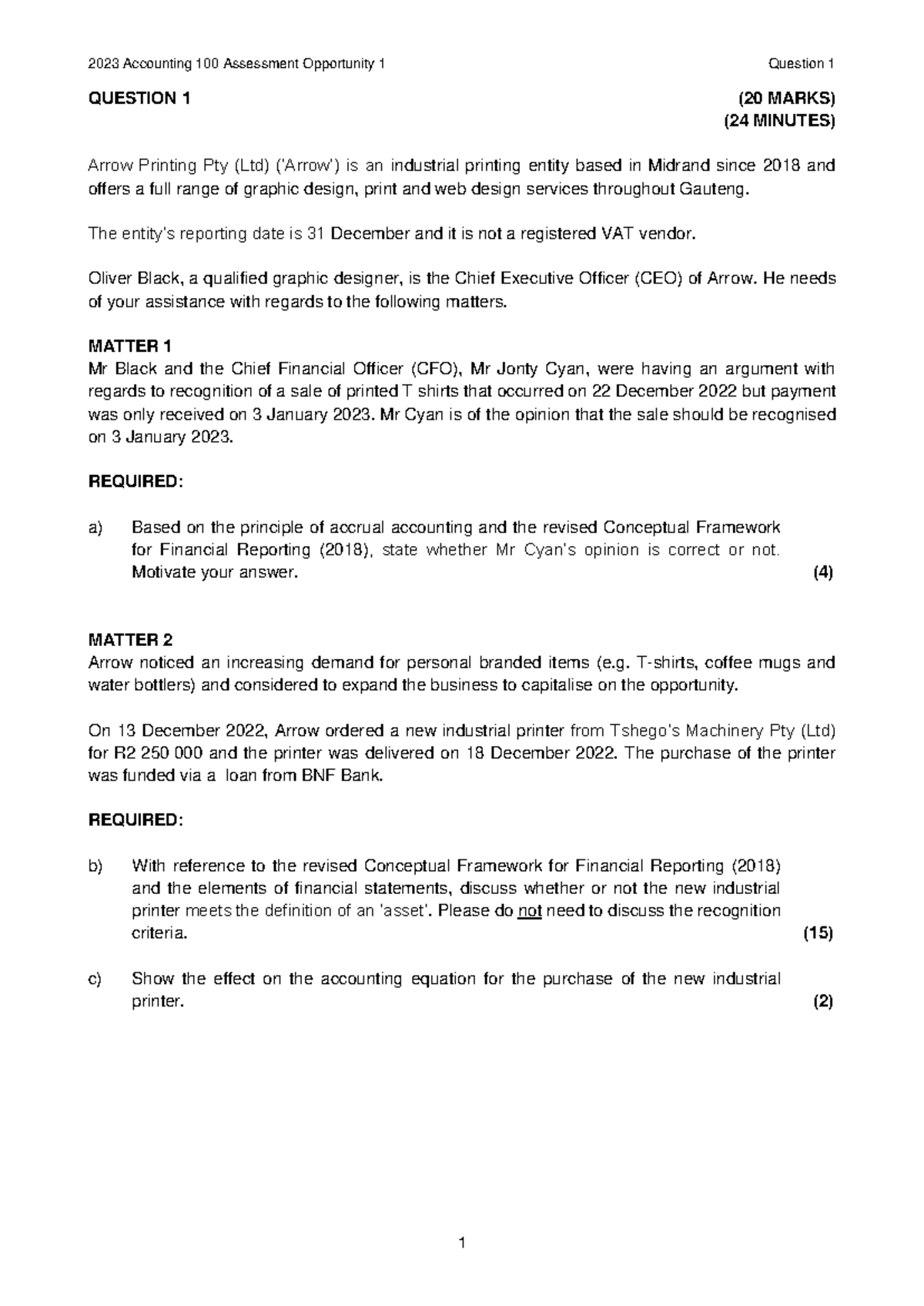 ACC100 AO1 Q1 2023 Final - 2023 Accounting 100 Assessment Opportunity 1 ...