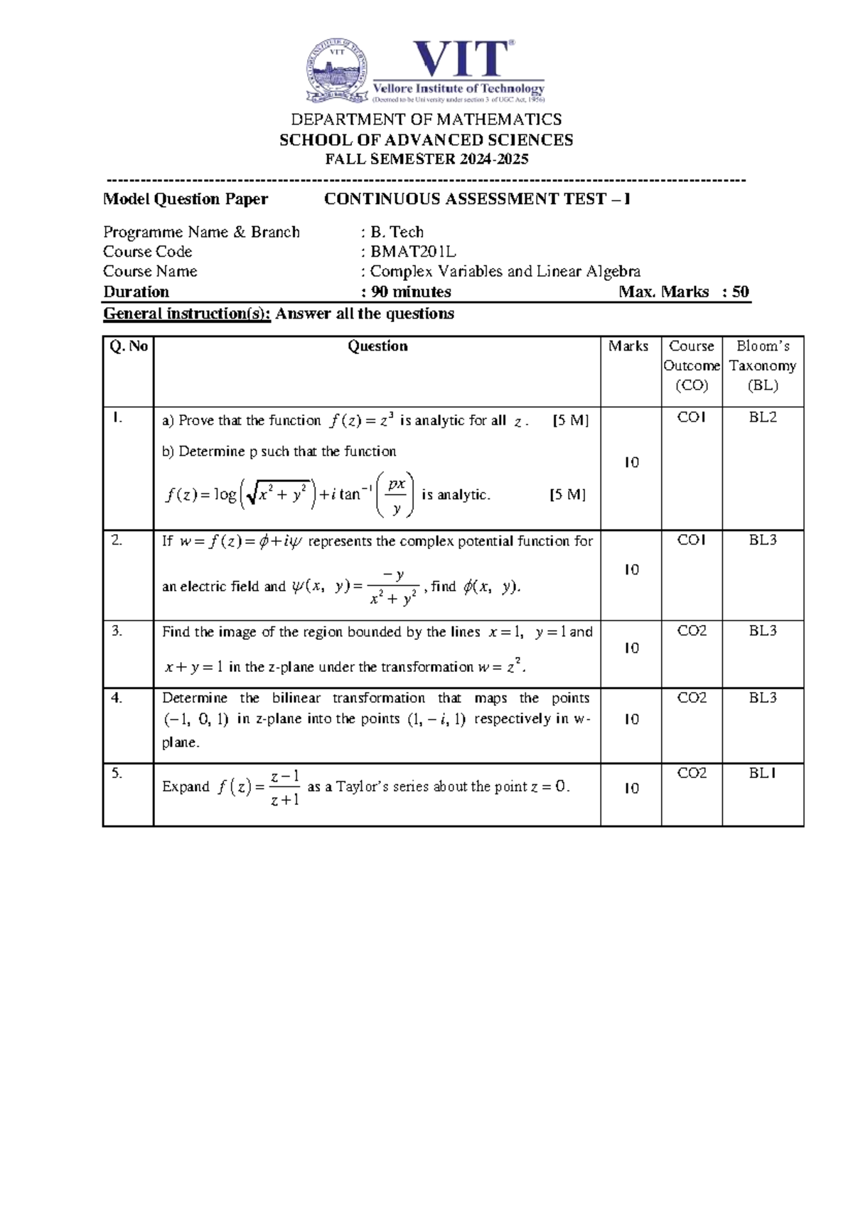 Fallsem 2024-25 BMAT201L TH VL2024250102470 Model- Question- Paper ...