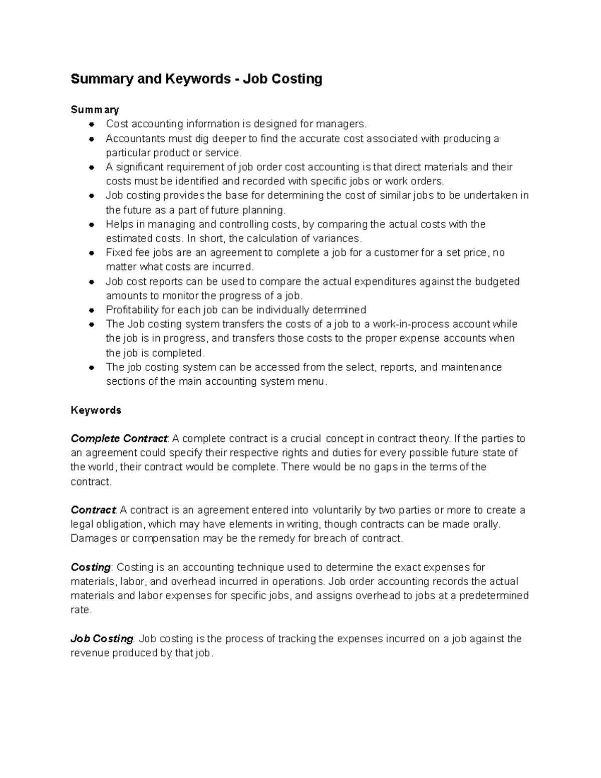 Summary and Keywords - Job Costing - Summary and Keywords - Job Costing ...