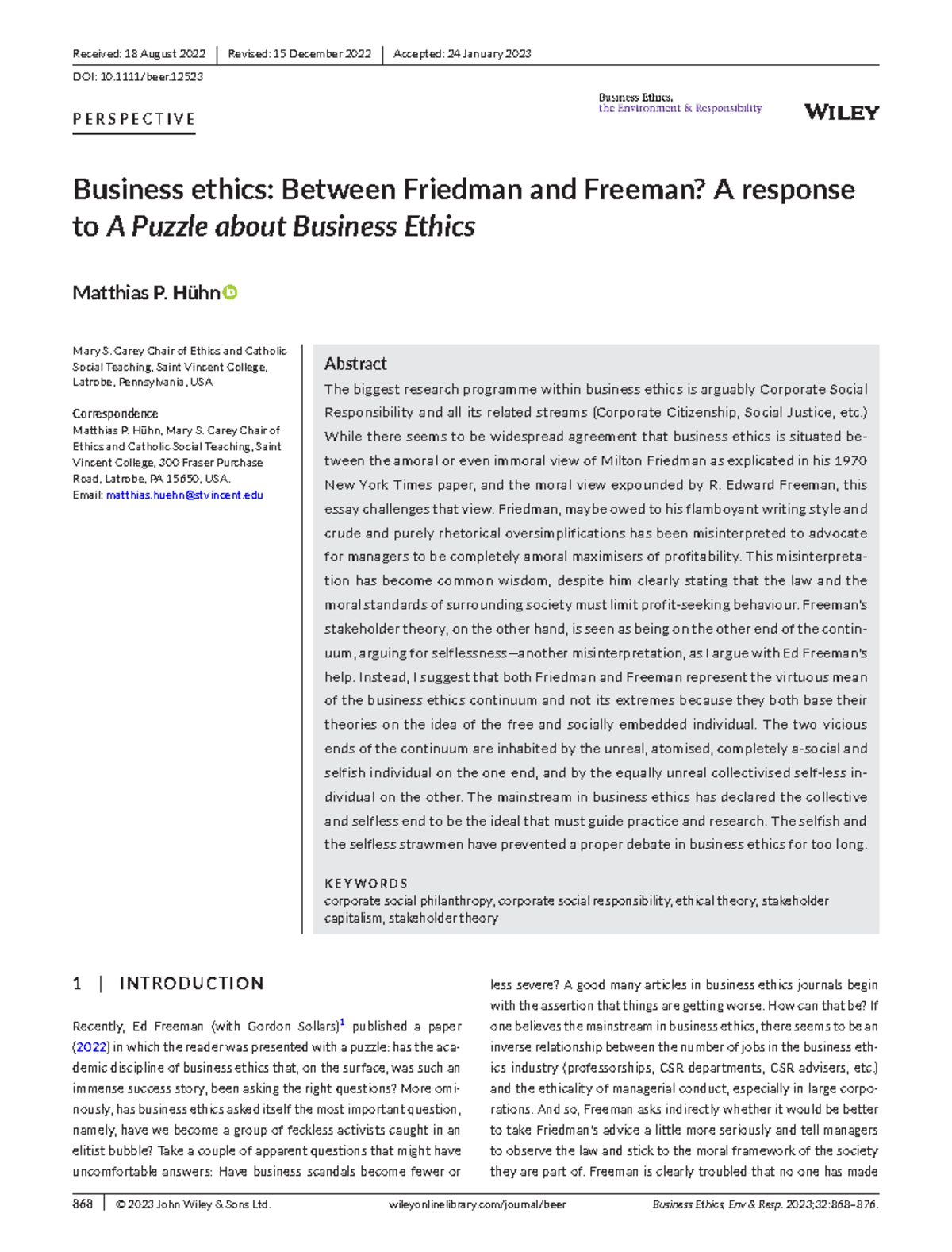 Business ethics Between Friedman and Freeman A response to A Puzzle ...