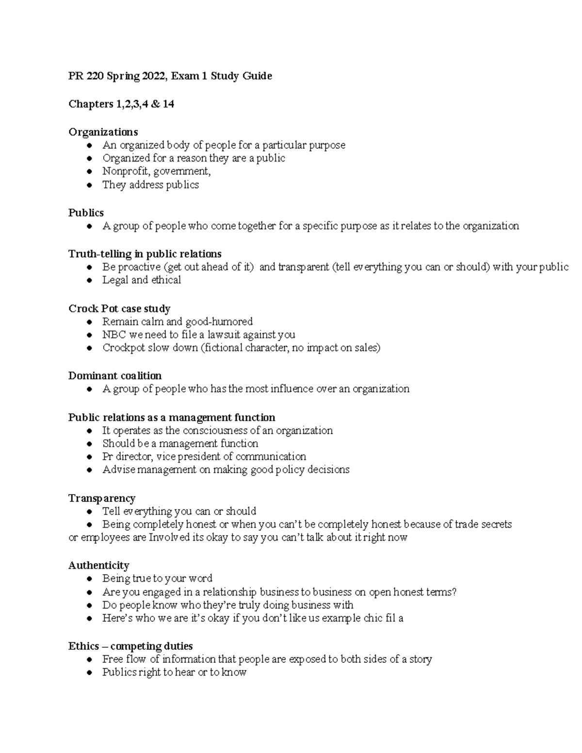 PR 220 Spring 2022, Exam 1 Study Guide - PR 220 Spring 2022, Exam 1 ...