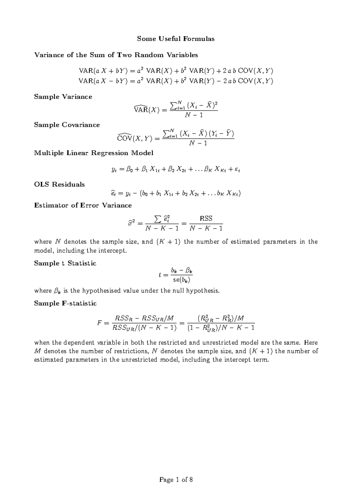 Formula sheet 2024 - Some Useful Formulas Variance of the Sum of Two ...