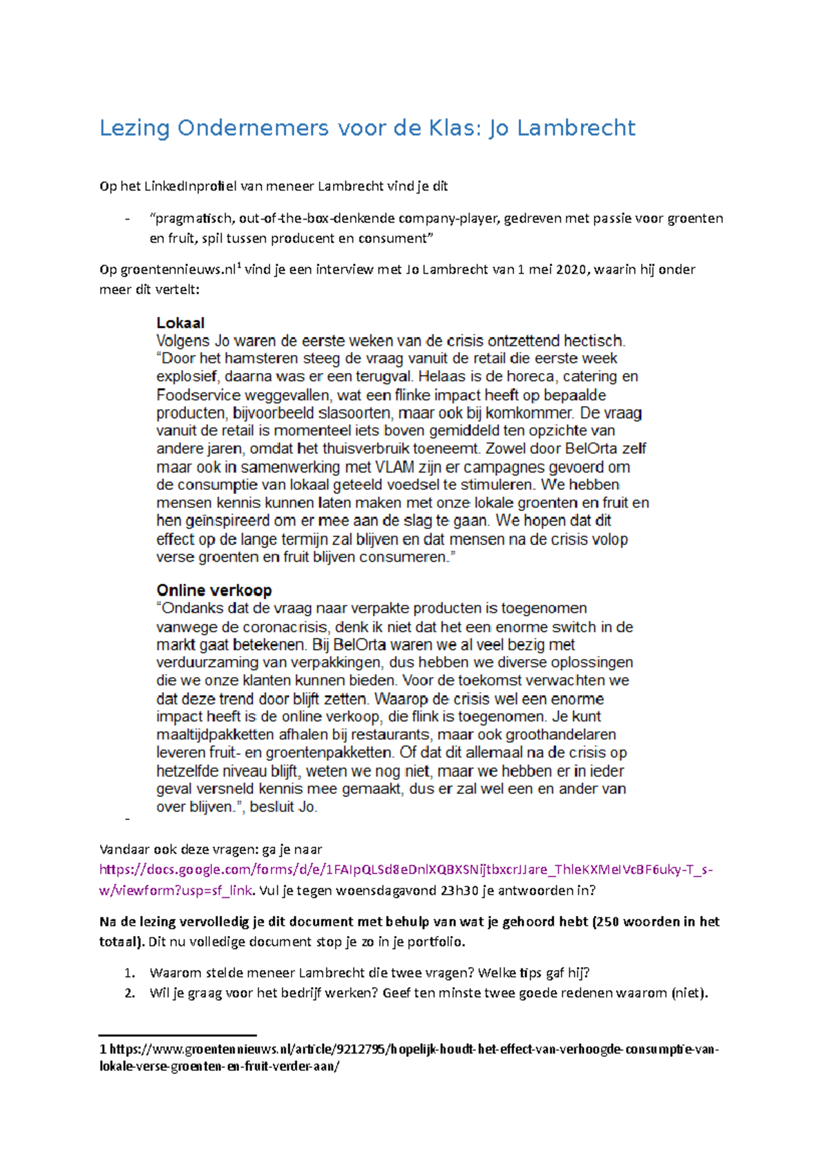 Lezing Ondernemers voor de Klas 6 Jo Lambrecht - - Studocu