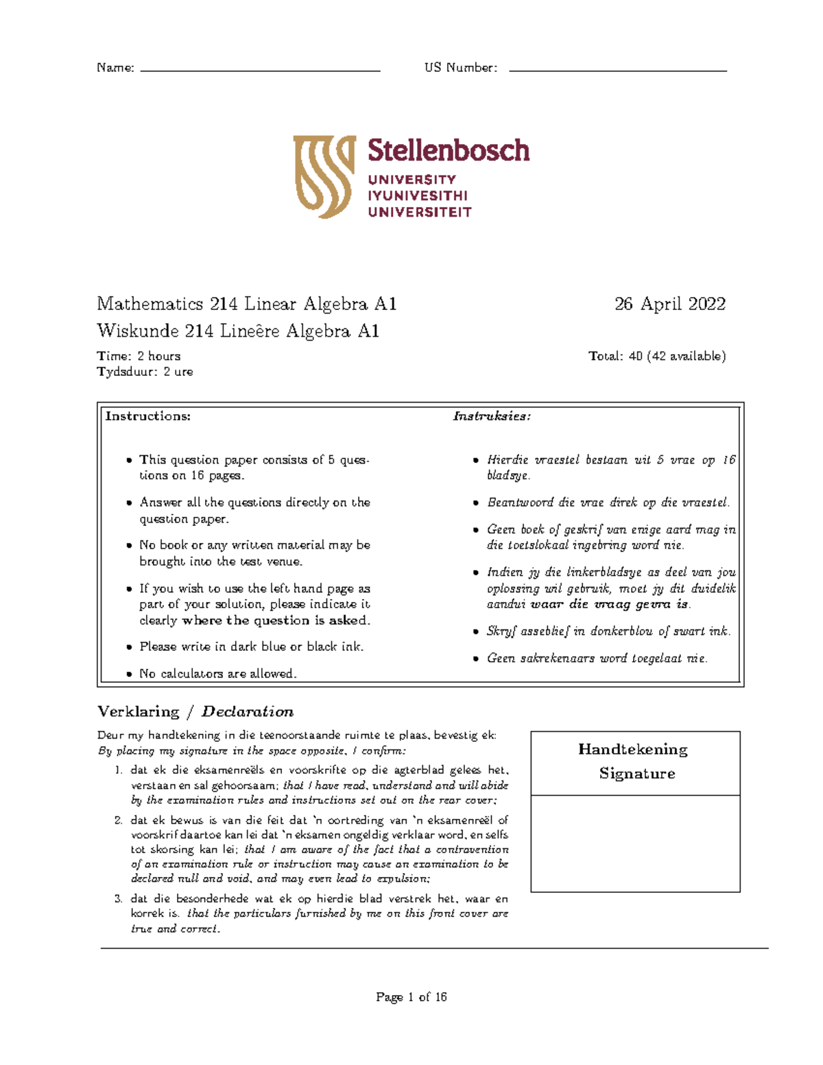 2022-214-A1 - Summary Mathematics - Name: US Number: Mathematics 214 Linear Algebra A1 26 April ...