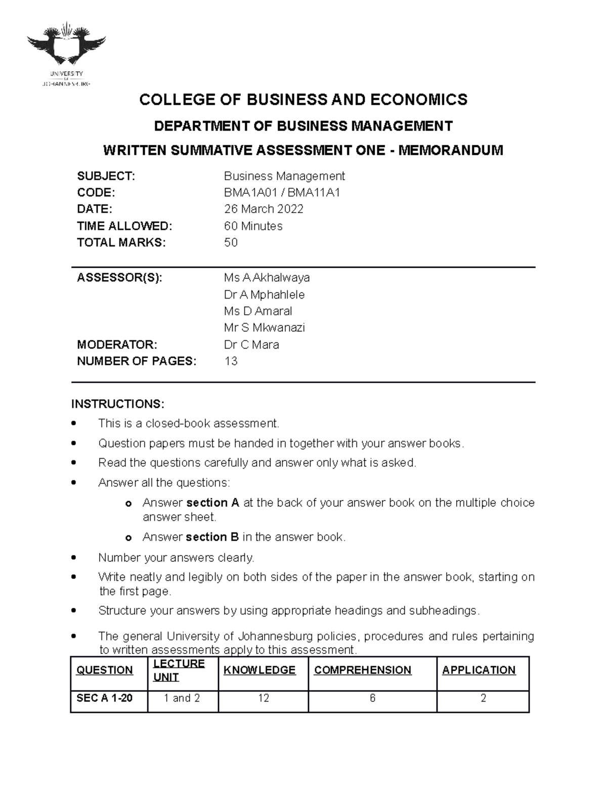 Test 1 - Memo - BB - summative test 1 for semester 1 2022 with memo ...
