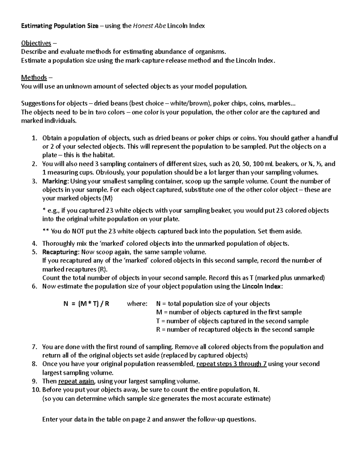 Estimating Population Size - Estimate a population size using the mark ...