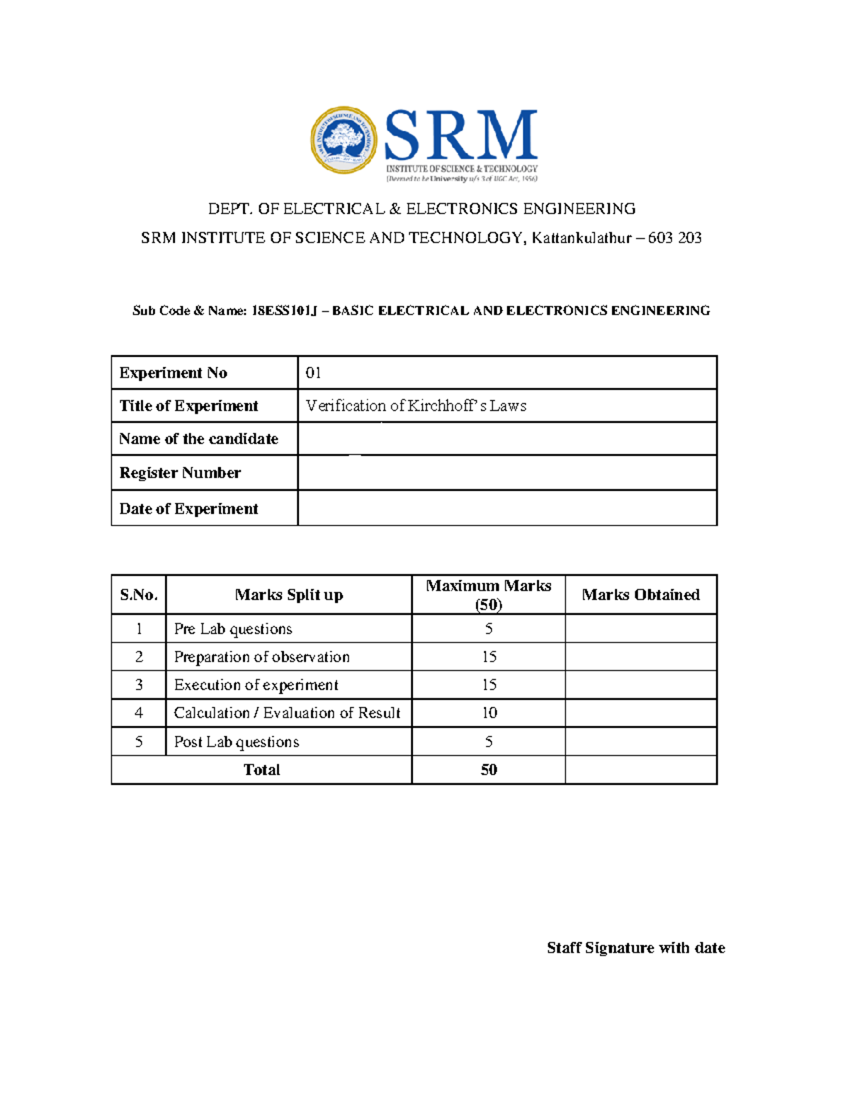 BEEE EXP 1 LAB RECORD - DEPT. OF ELECTRICAL & ELECTRONICS ENGINEERING ...