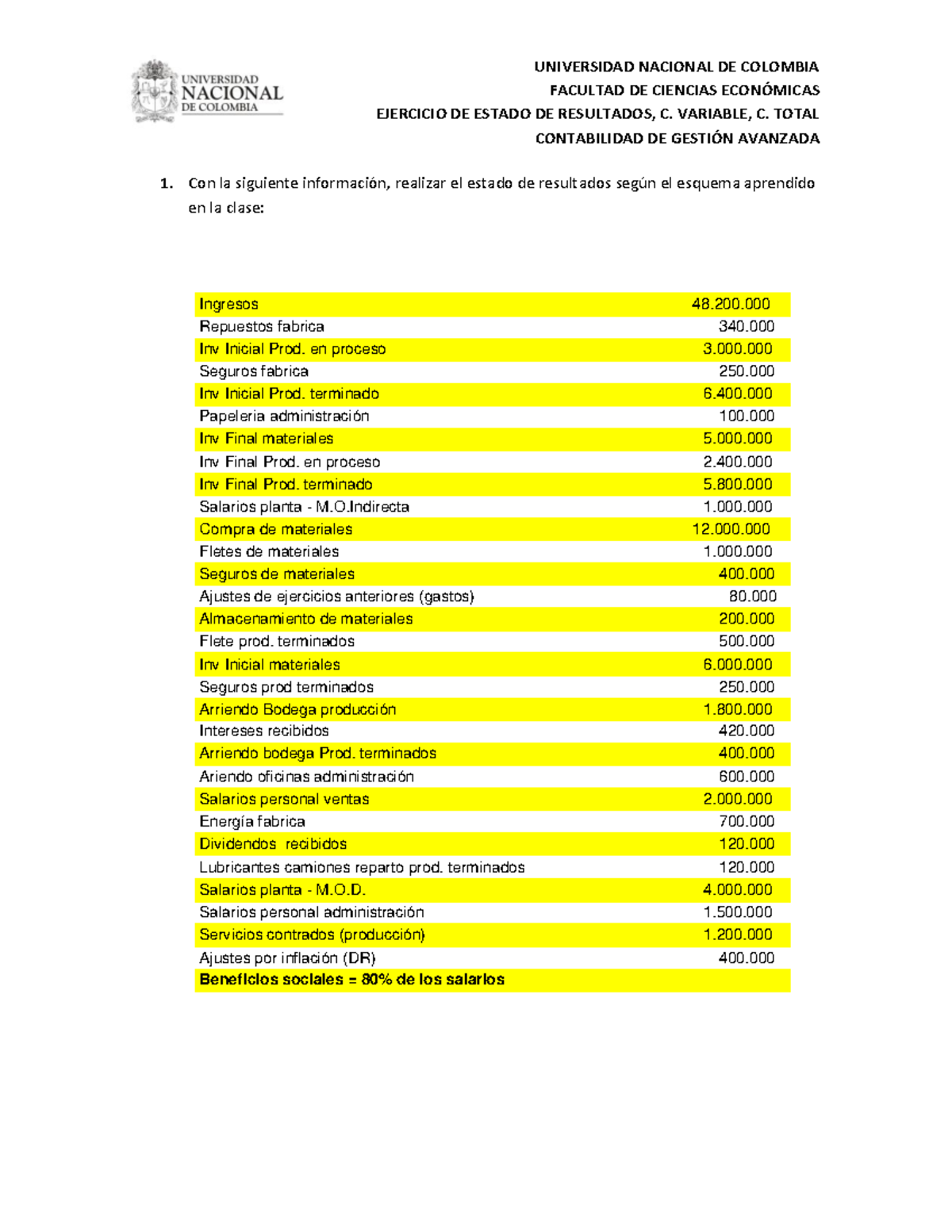 Ejercicio Estado DE Resultados - UNIVERSIDAD NACIONAL DE COLOMBIA FACULTAD DE CIENCIAS ECON ...