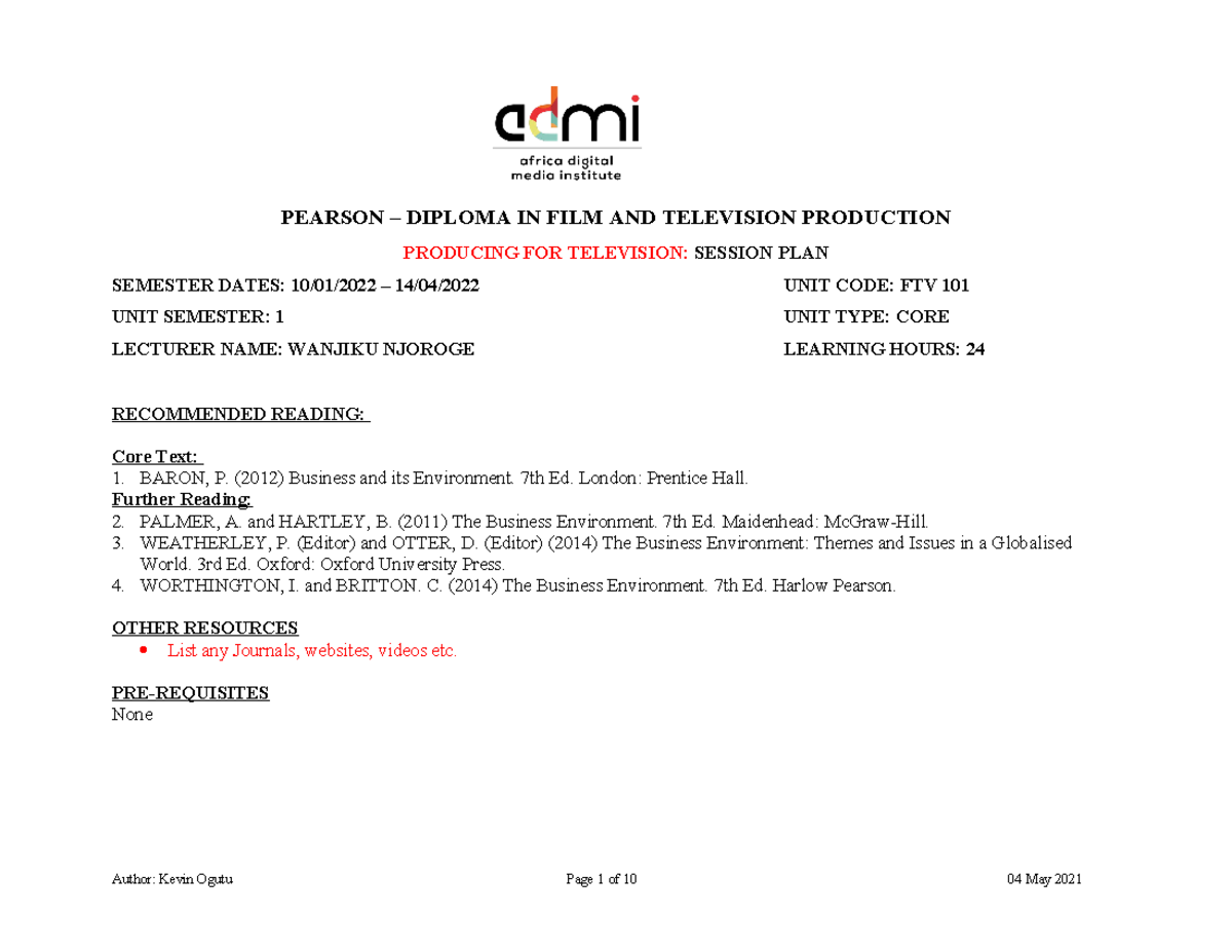 FTV 101 Producing FOR TV Session PLAN ( Pearson) - Sample - PEARSON ...