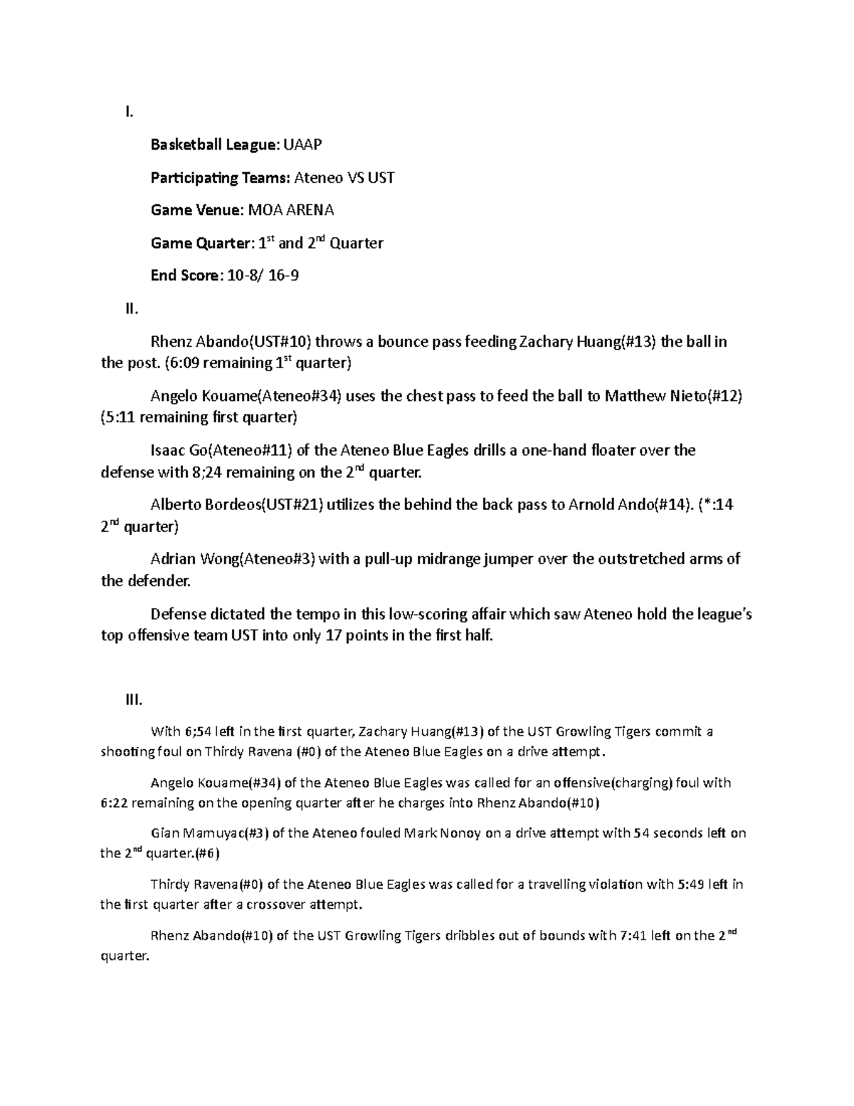 Basketball League - Lecture notes 1 - I. Basketball League : UAAP ...
