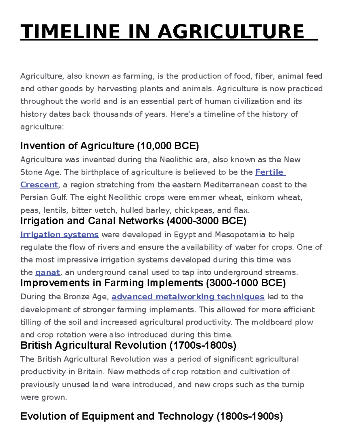 Timeline IN Agriculturey of Agriculture - TIMELINE IN AGRICULTUREy of ...
