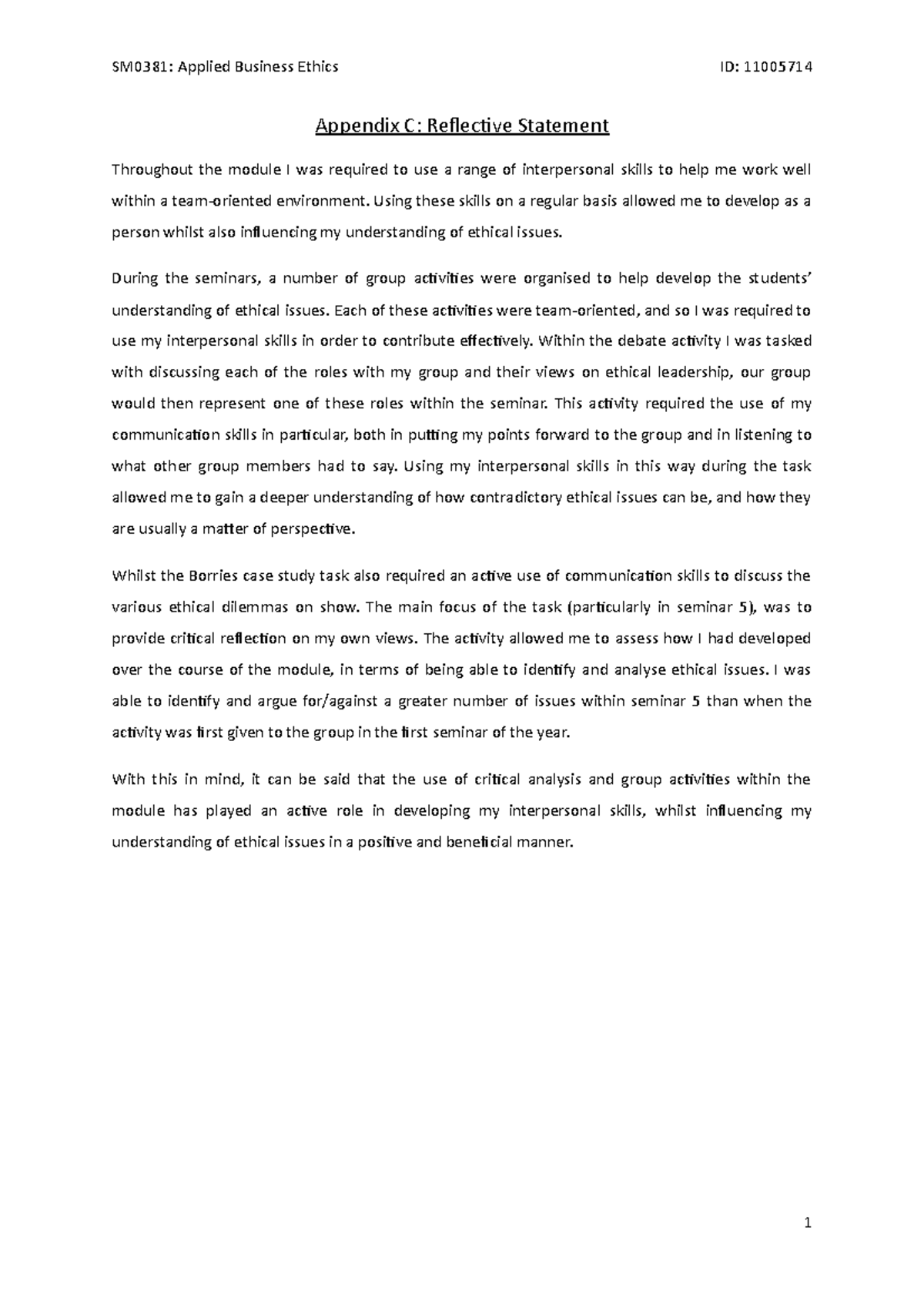 Appendix C - Reflective Statement MIKE - SM0381: Applied Business ...