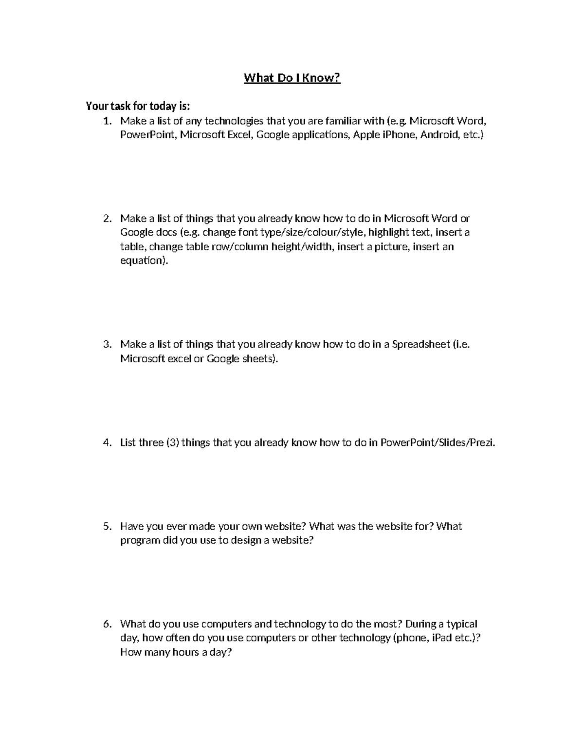 What Do I Know - A worksheet that asks students to reflect upon their ...