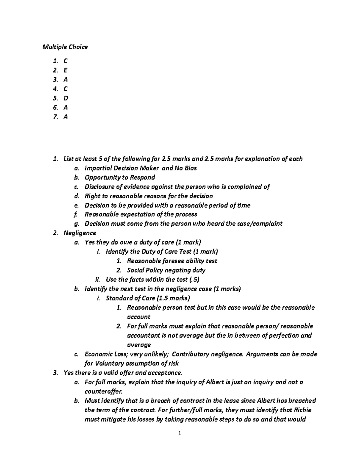 Practice Exam Answer Key - 1 Multiple Choice C E A C D A A List at ...