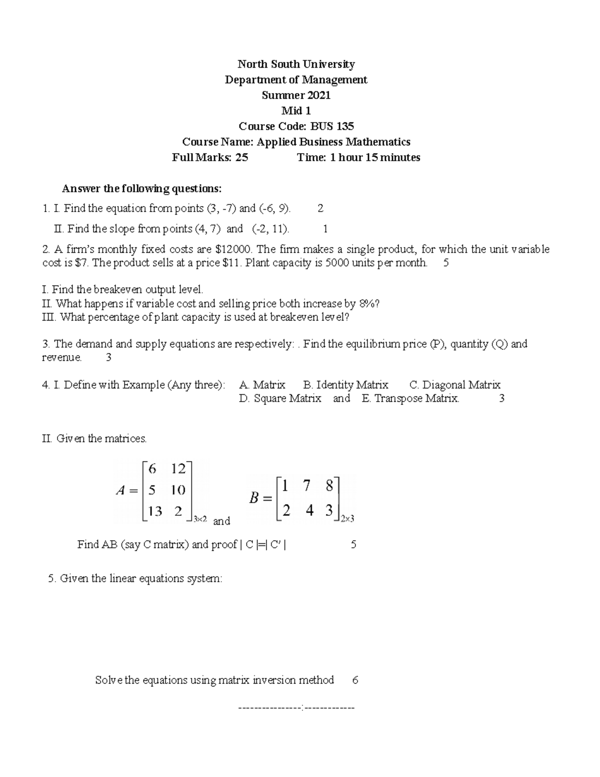 BUS 135-Mid 1-Summer 2021 - North South University Department of Management Summer 2021 Mid 1 ...