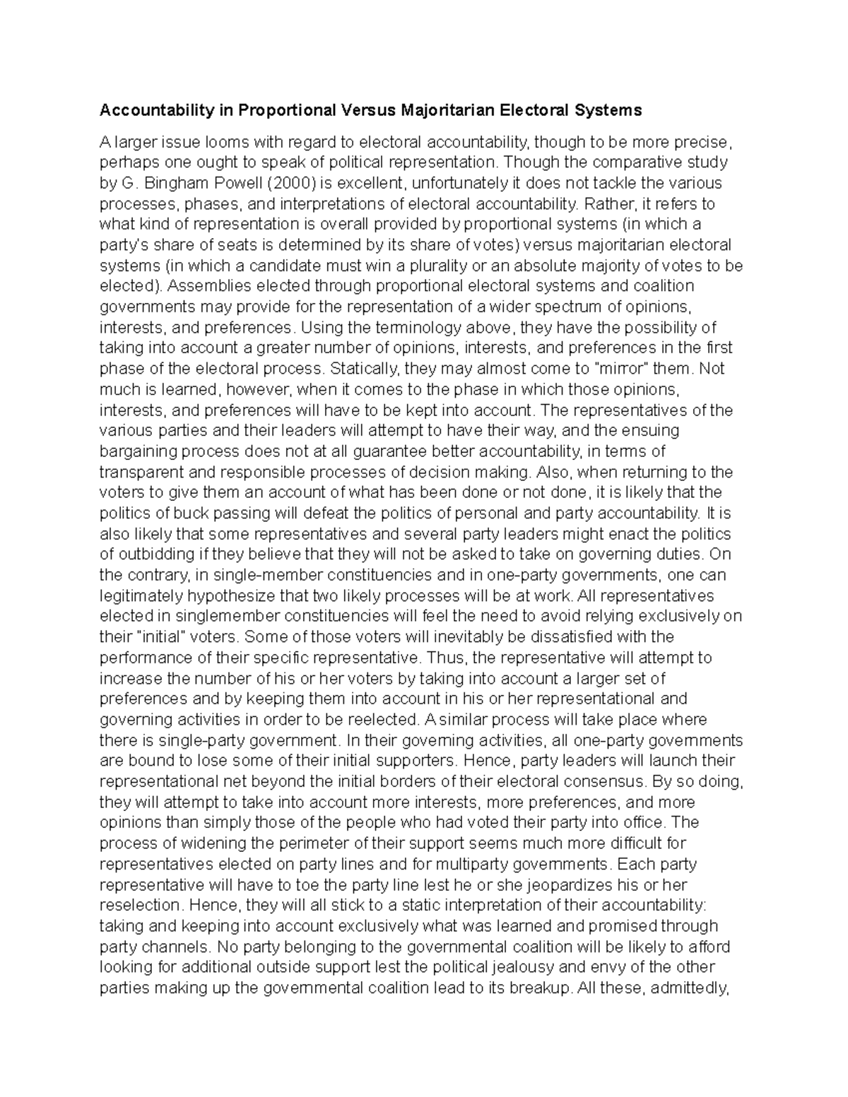 Accountability in Proportional Versus Majoritarian Electoral Systems ...