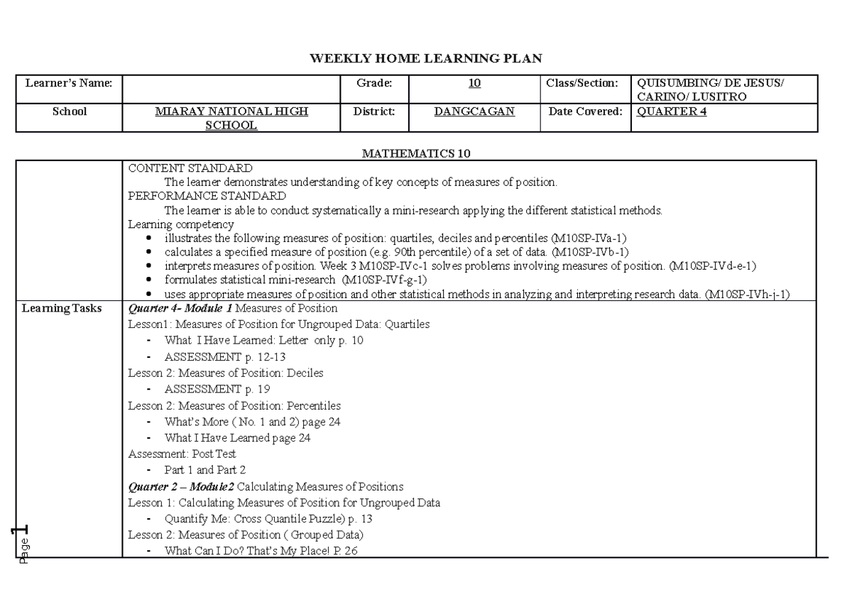 Fourth Quarter-WHLP MATH 10 - WEEKLY HOME LEARNING PLAN Learner’s Name ...